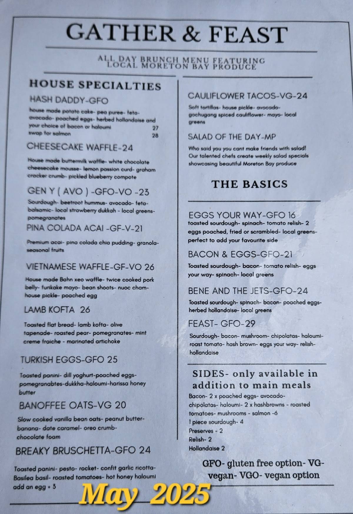 Menu at Gather & Feast cafe, Caboolture