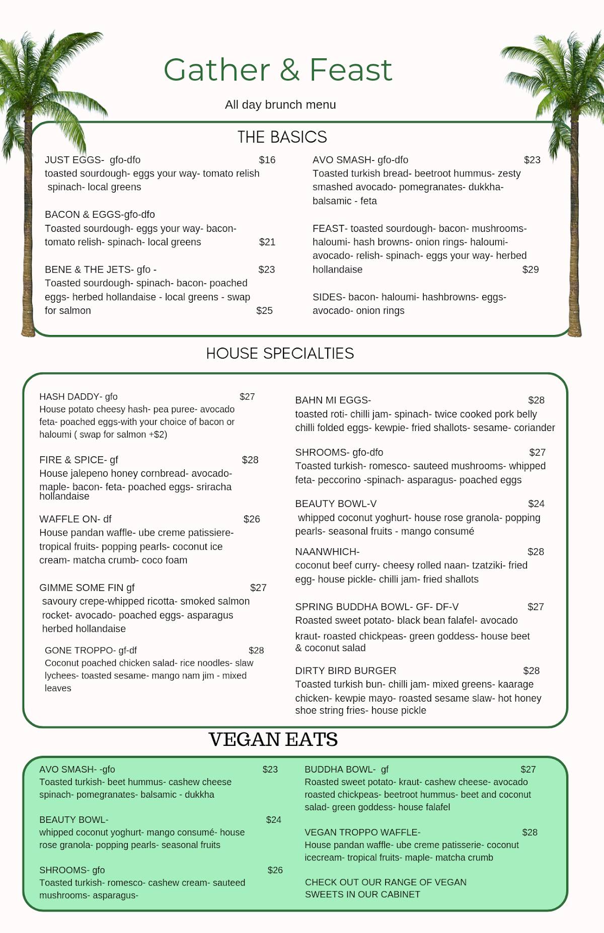 Menu at Gather & Feast cafe, Caboolture