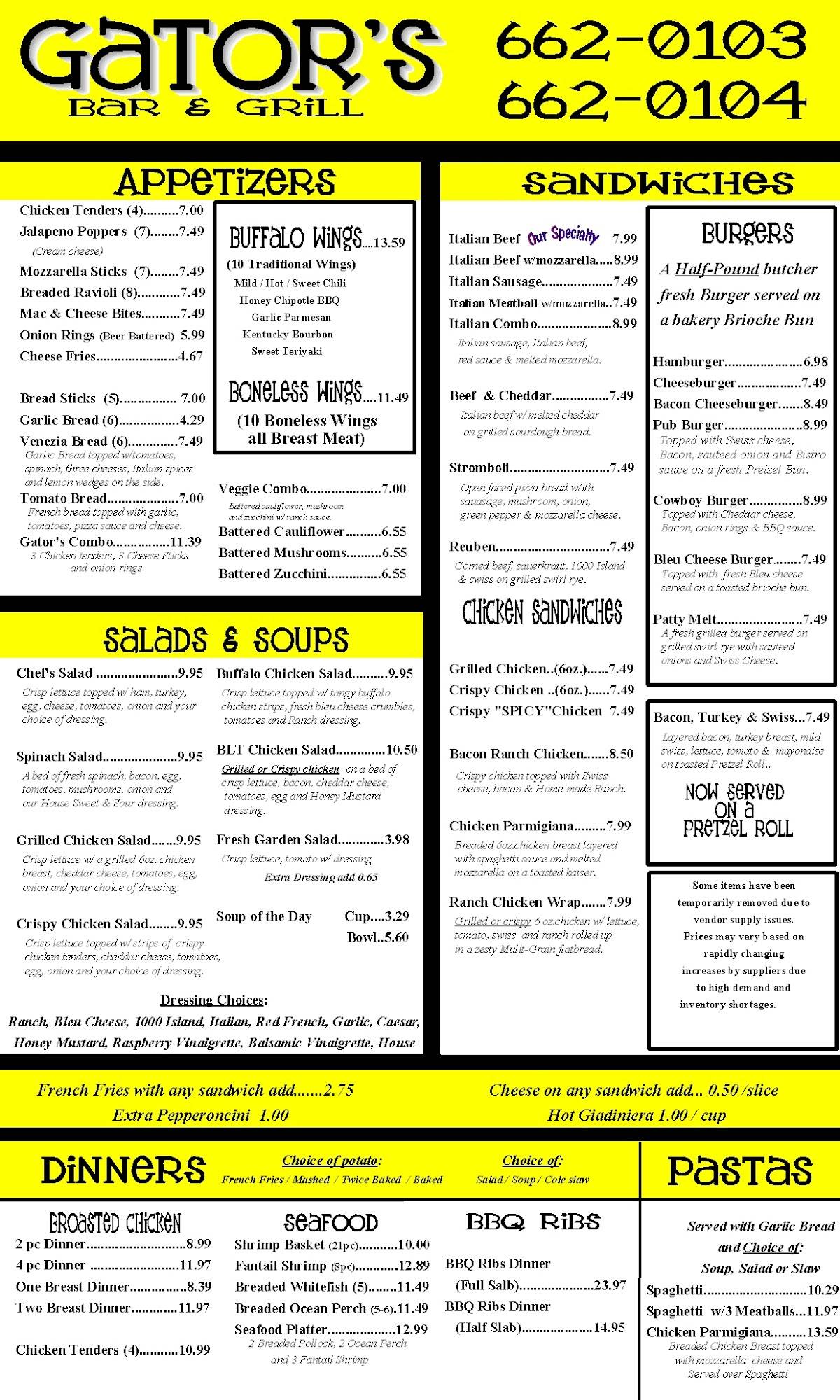 Menu at Gators Bar & Grill, Lakes of the Four Seasons