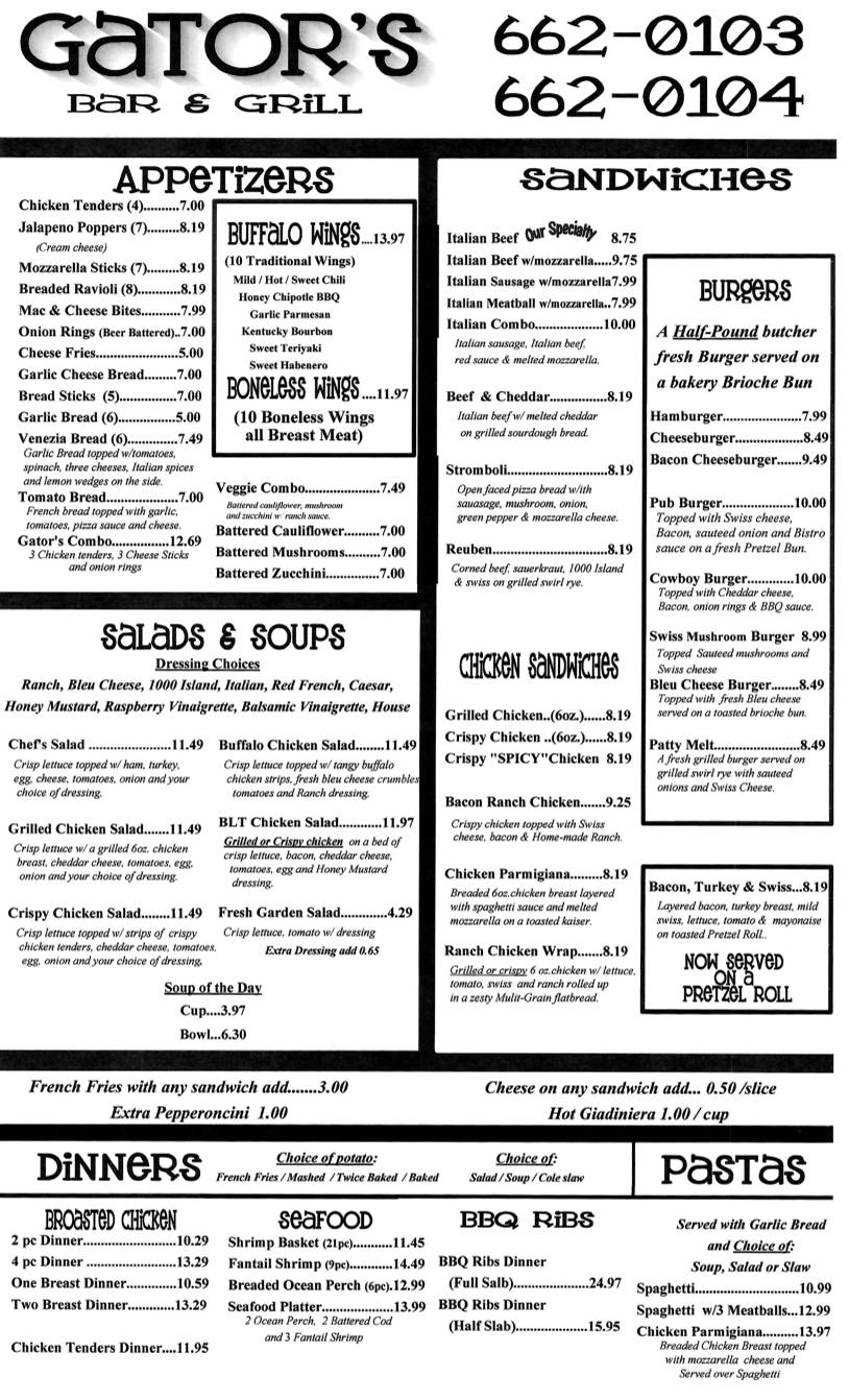 Menu at Gators Bar & Grill, Winfield
