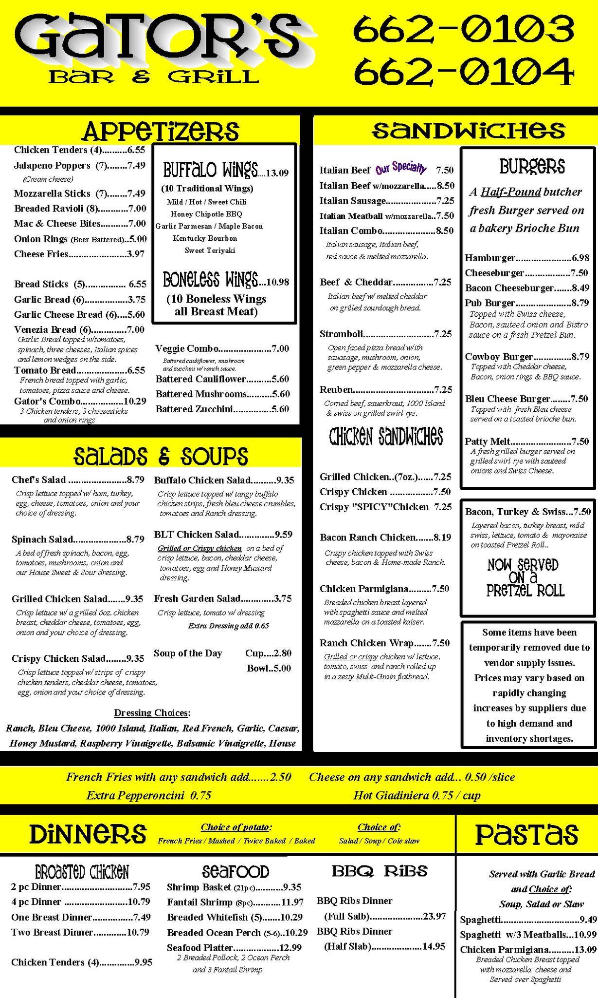 Menu at Gators Bar & Grill, Lakes of the Four Seasons