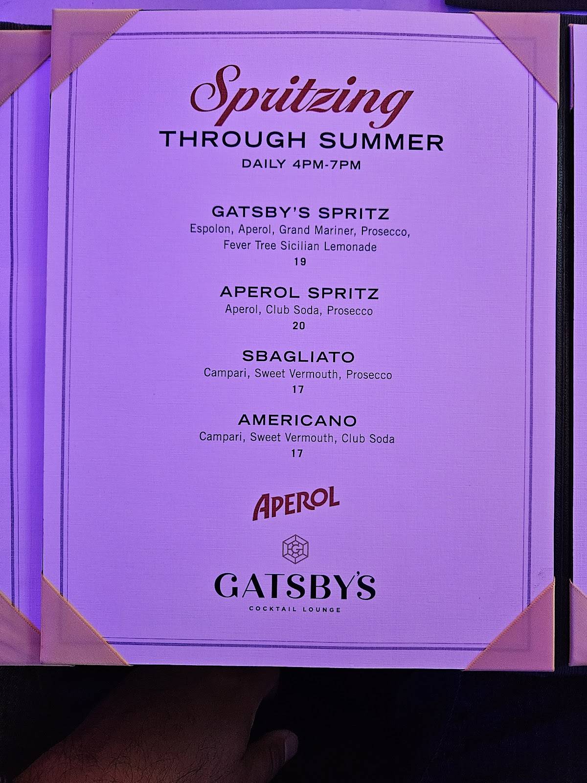 Menu at Gatsby's Cocktail Lounge pub & bar, Las Vegas