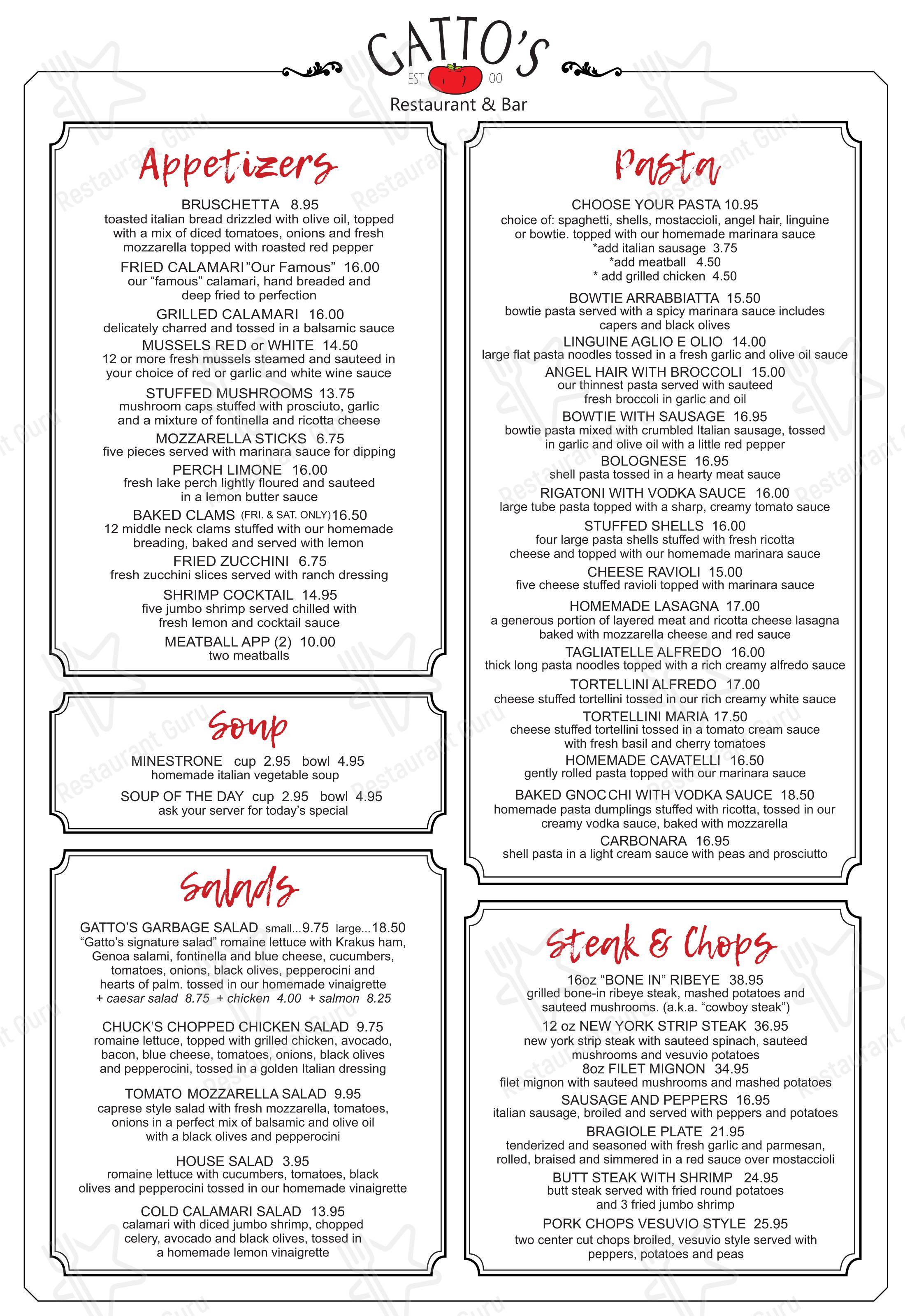 Menu at Gatto's Italian Restaurant & Bar, Tinley Park, 183rd St