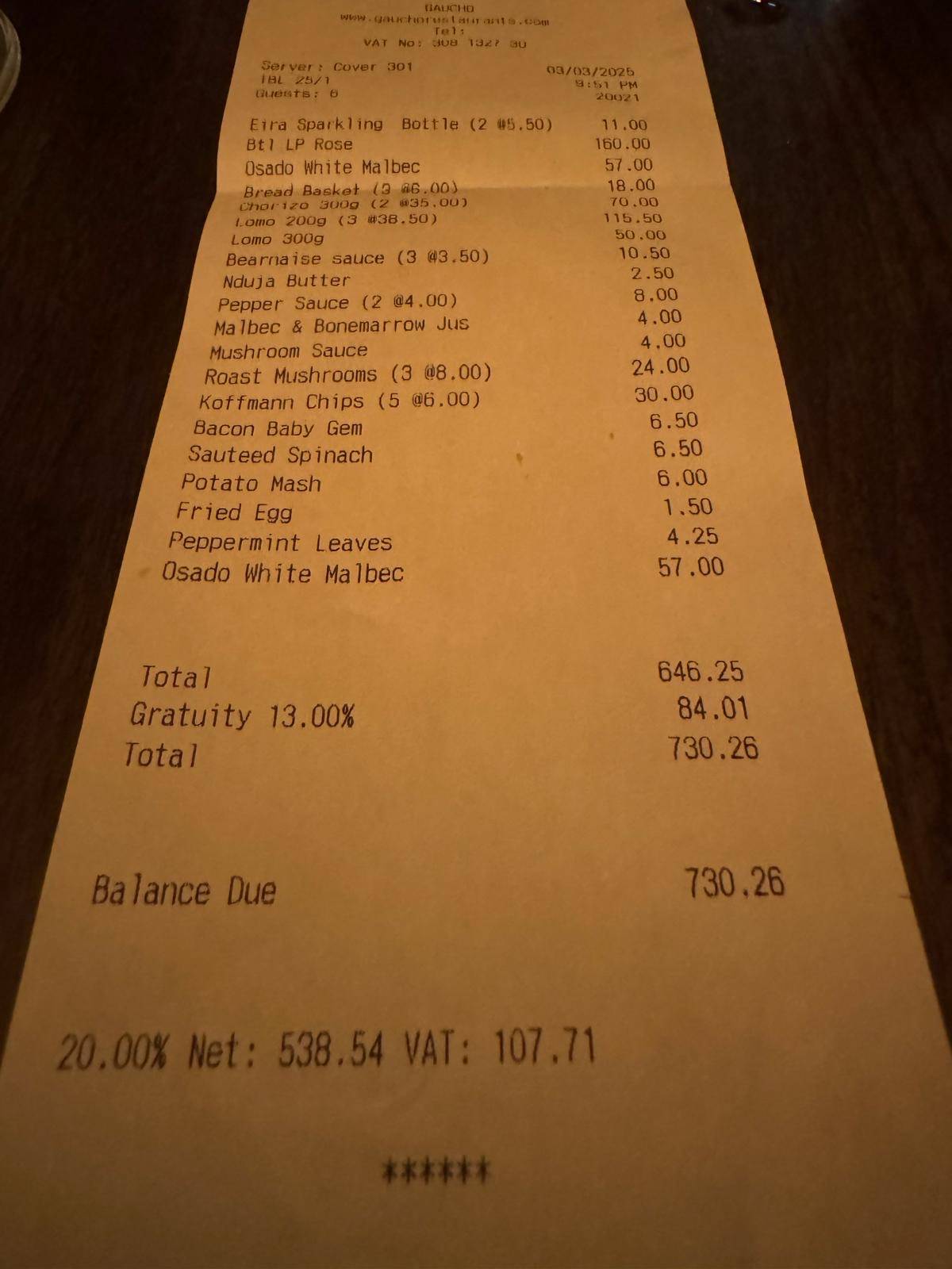 Menu at Gaucho Covent Garden steakhouse, London