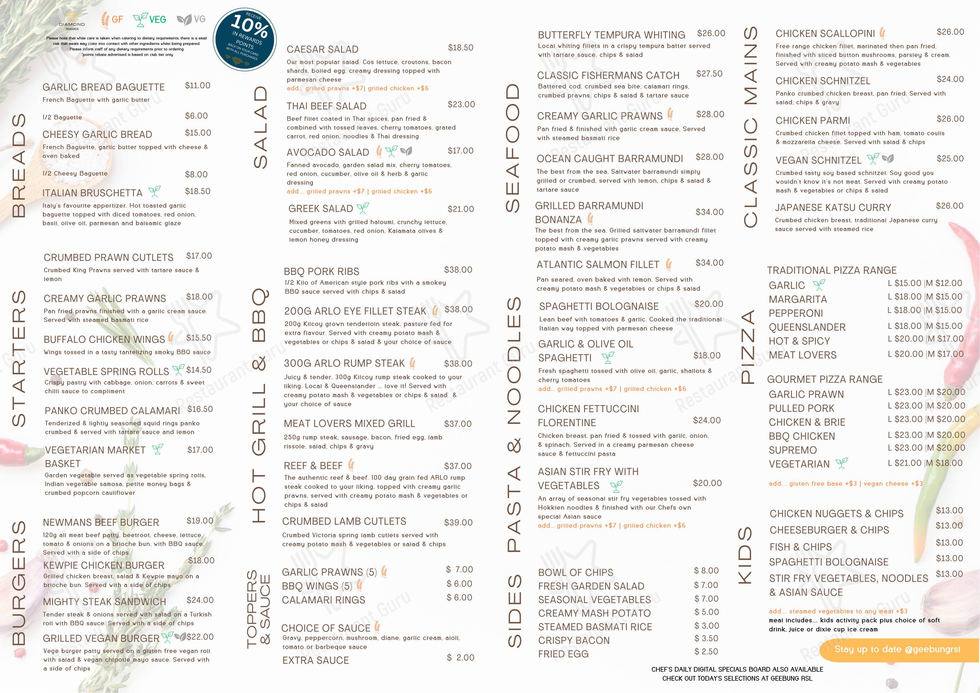 Menu at Geebung RSL restaurant, Geebung