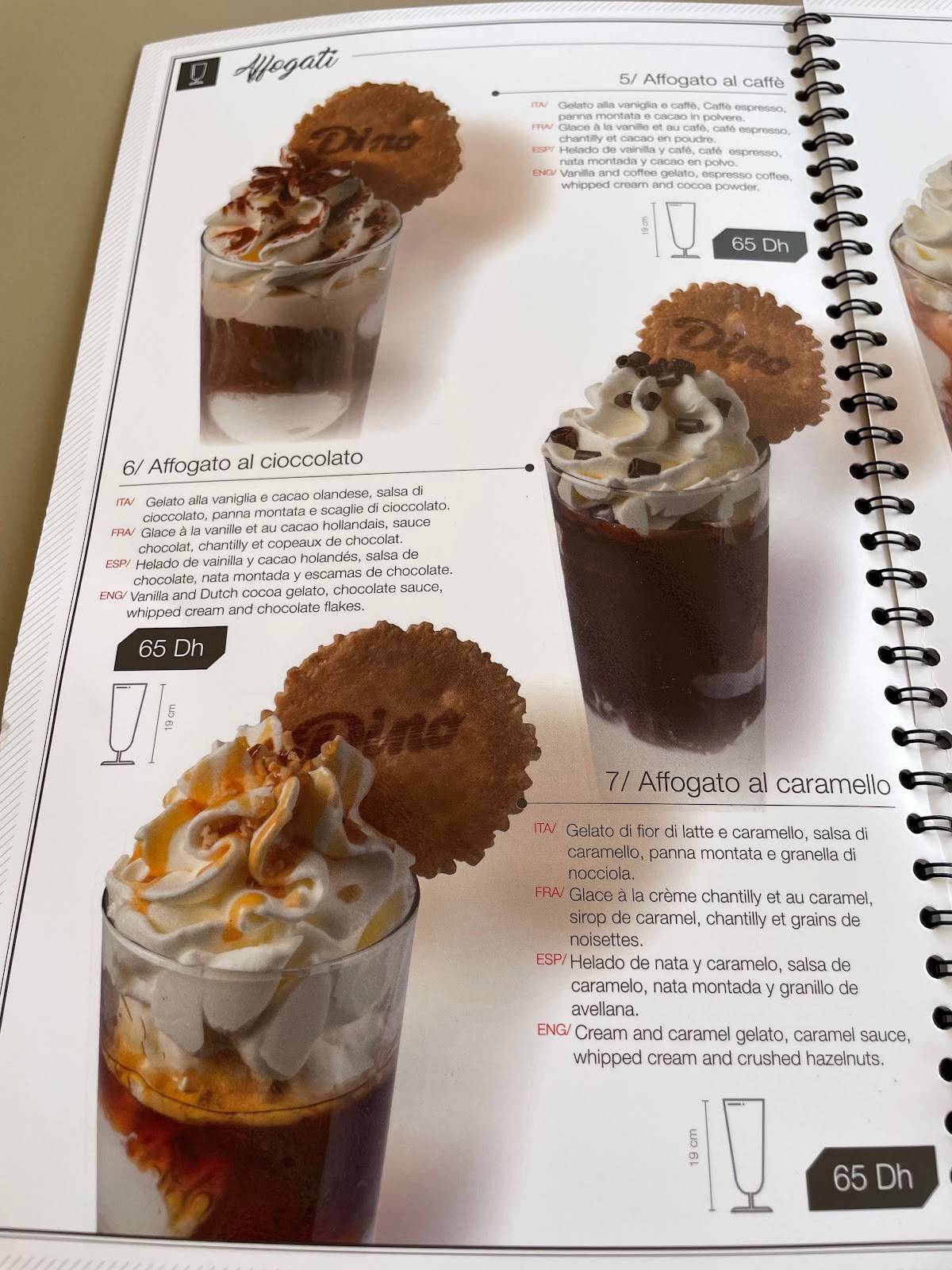 Menu au Gelati Dino café, Marrakech