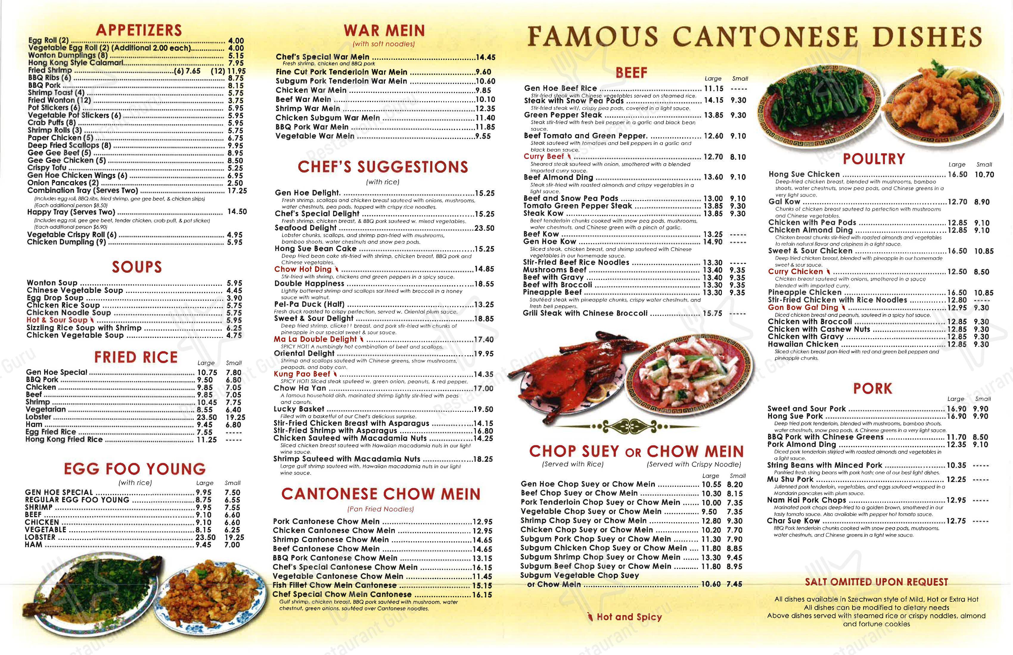 Menu at Gen-Hoe Restaurant, Geneva