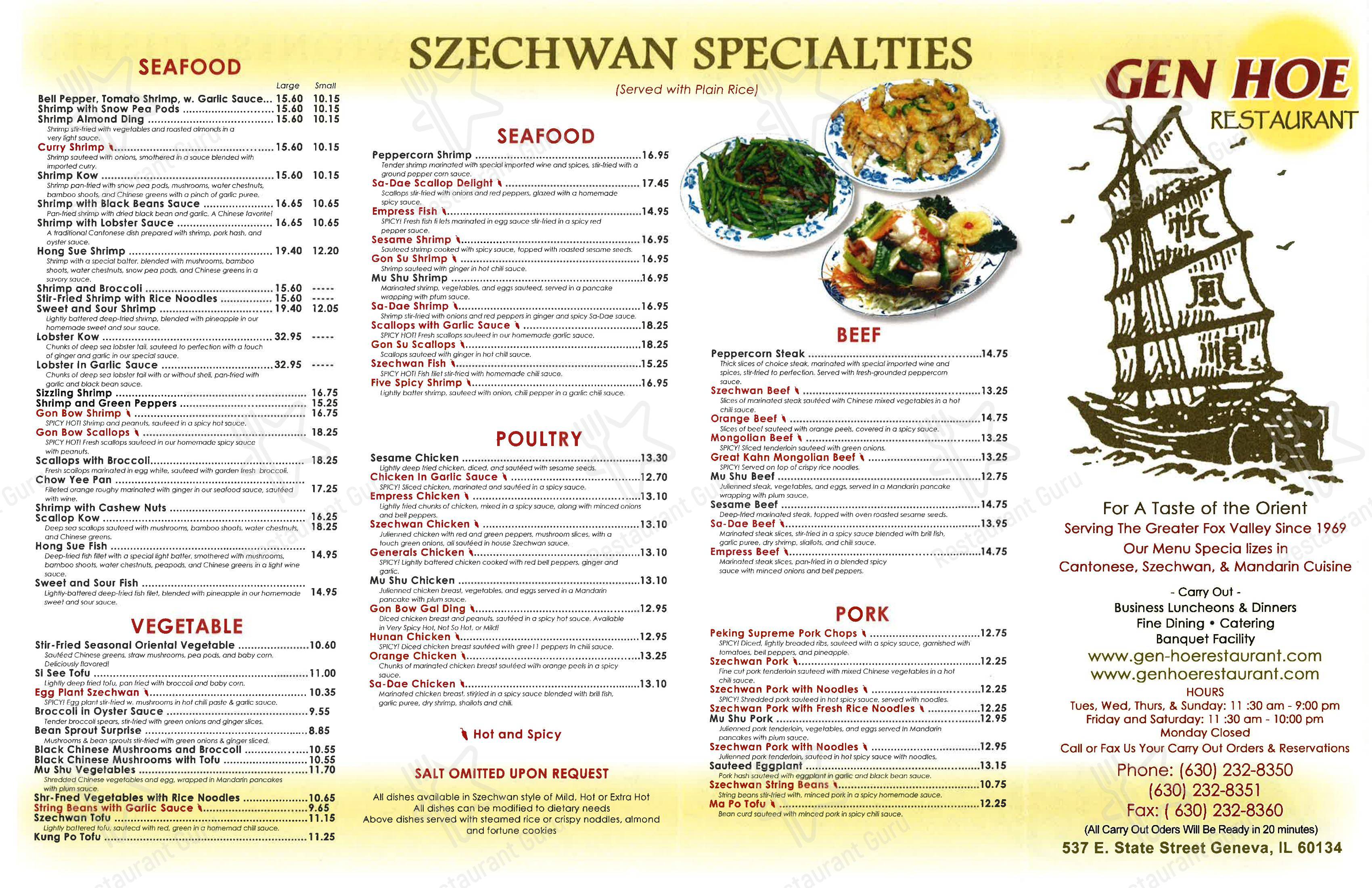 Menu at Gen-Hoe Restaurant, Geneva