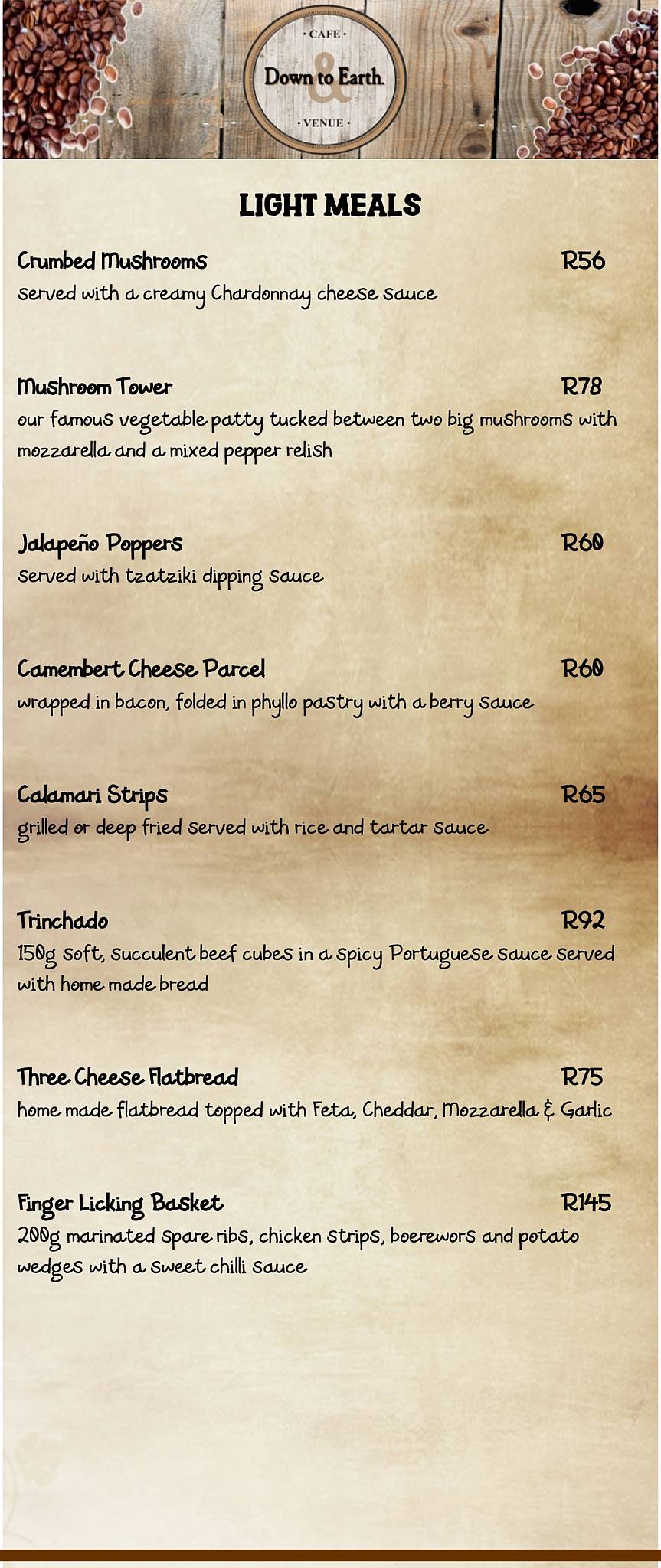 Menu at Down To Earth Cafe & Venue, George