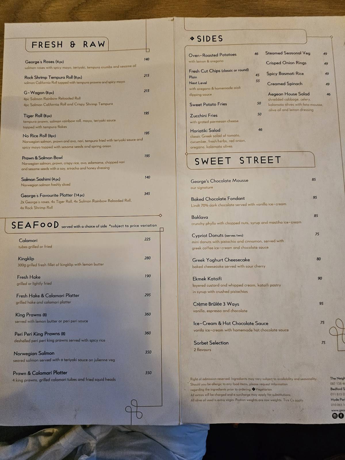 Menu at George's Grill House Bedford restaurant, Johannesburg