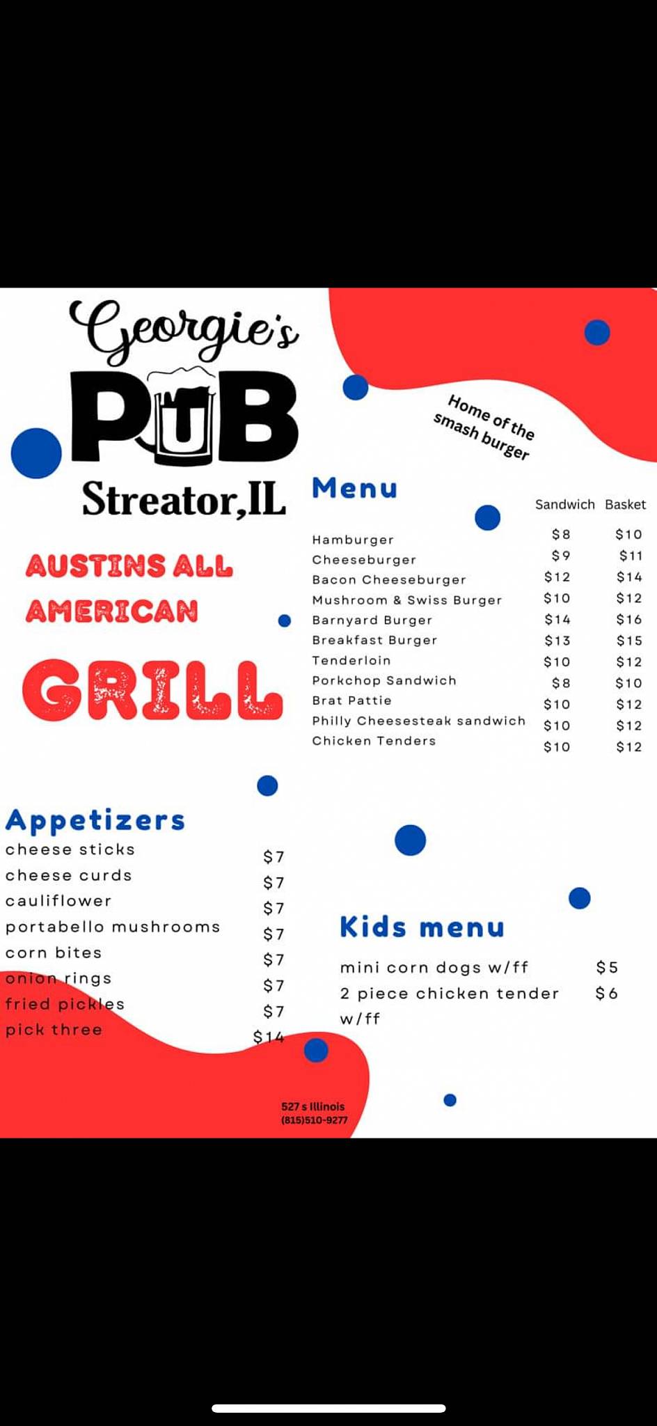 Menu at Georgie's Pub, Streator