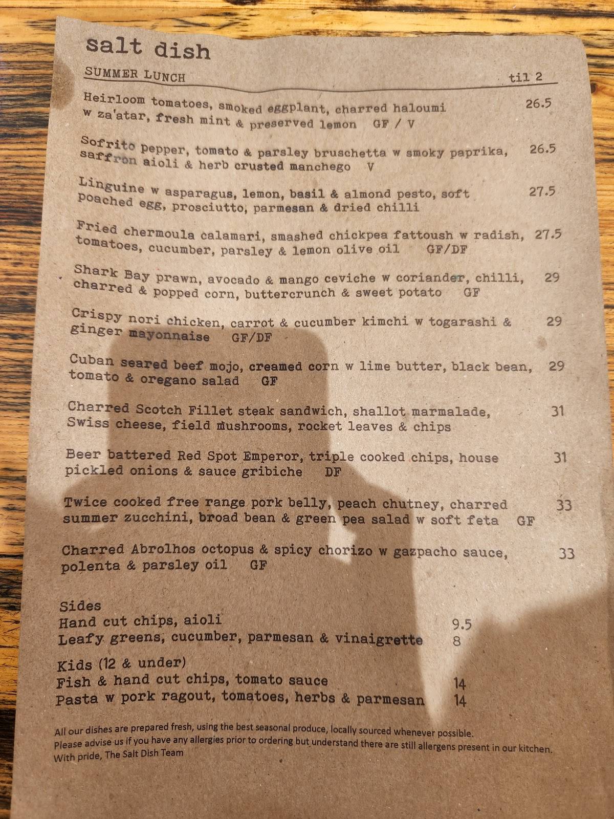 Menu at Salt Dish restaurant, Geraldton
