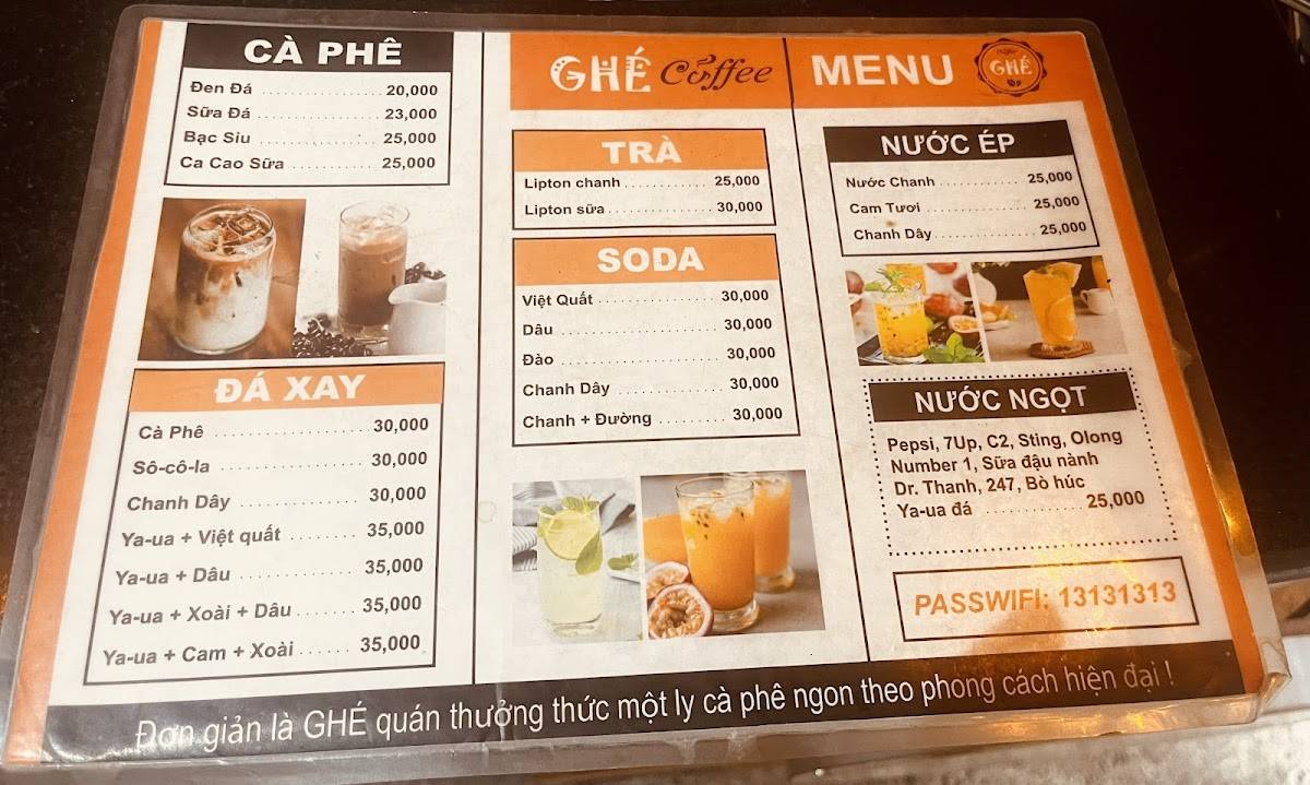 Menu at Ghé Coffee cafe, Ho Chi Minh City, 131 Thành Mỹ