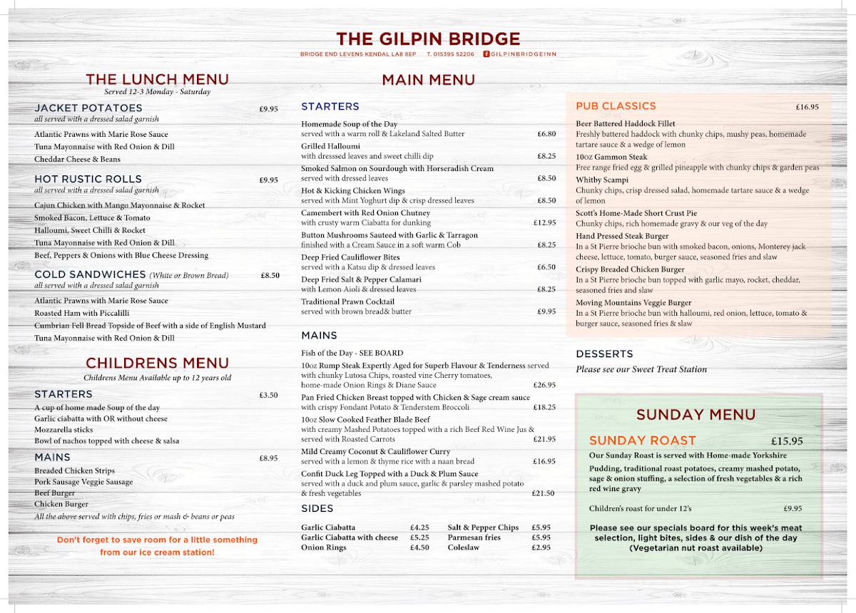 Menu at Gilpin Bridge Country Inn pub & bar, Levens