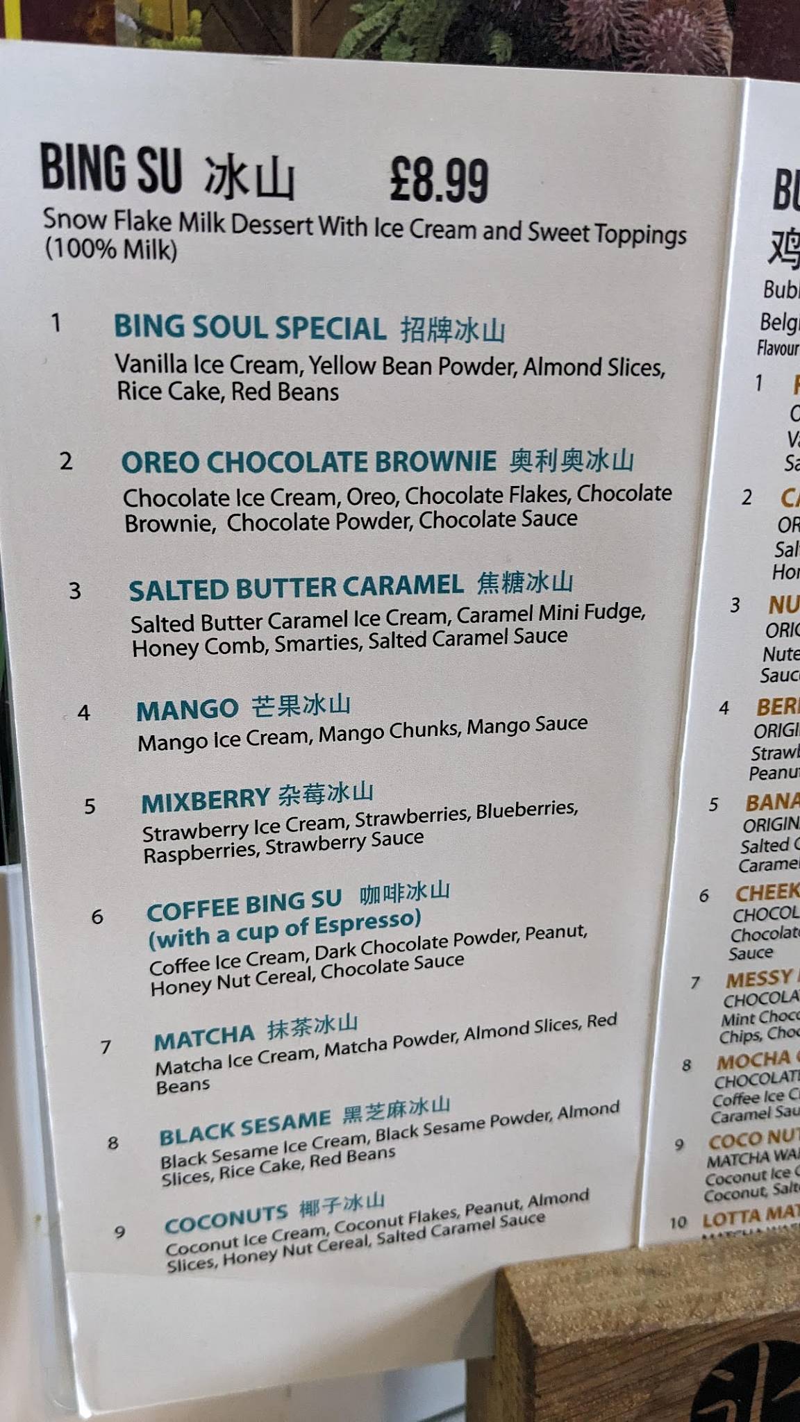 Menu at Bing Soul desserts, Glasgow