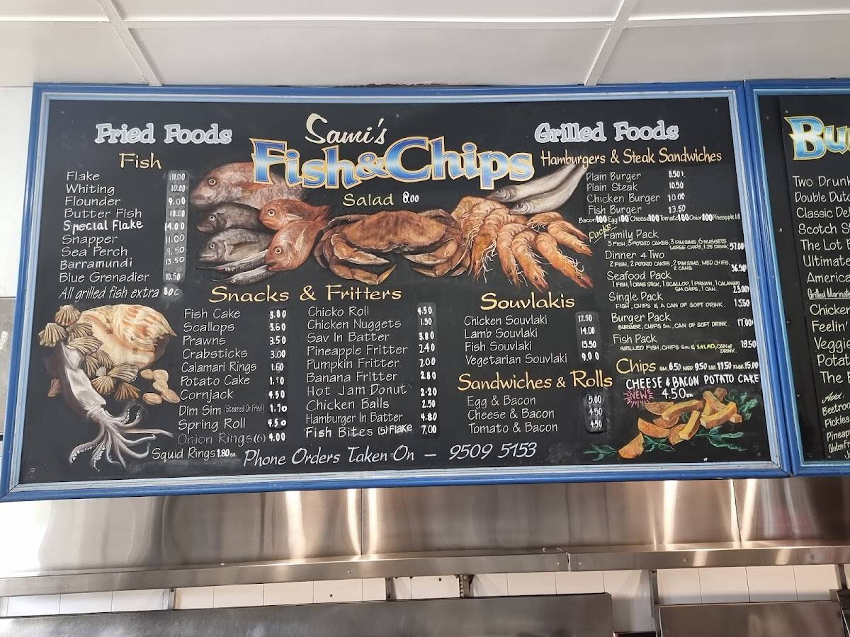 Menu at Sami’s Fish & Chips Burke Rd fast food, Glen Iris