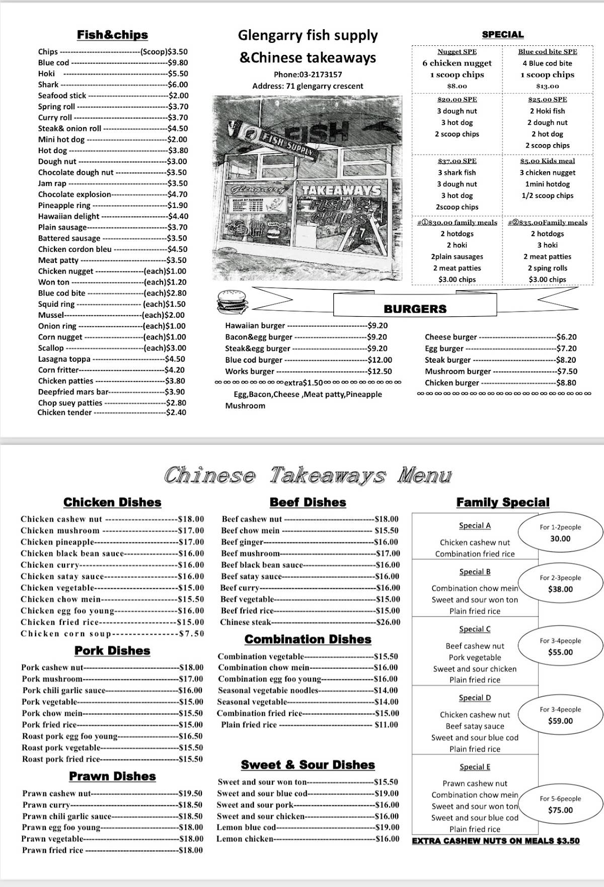 Menu at Glengarry Takeaways, Invercargill