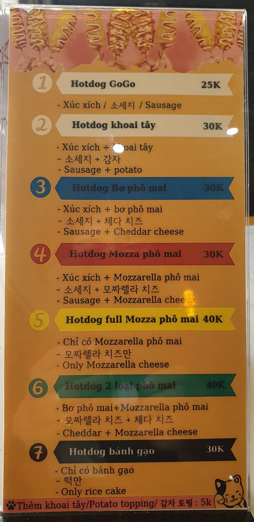 Menu at GoGo Hotdog restaurant, Hanoi