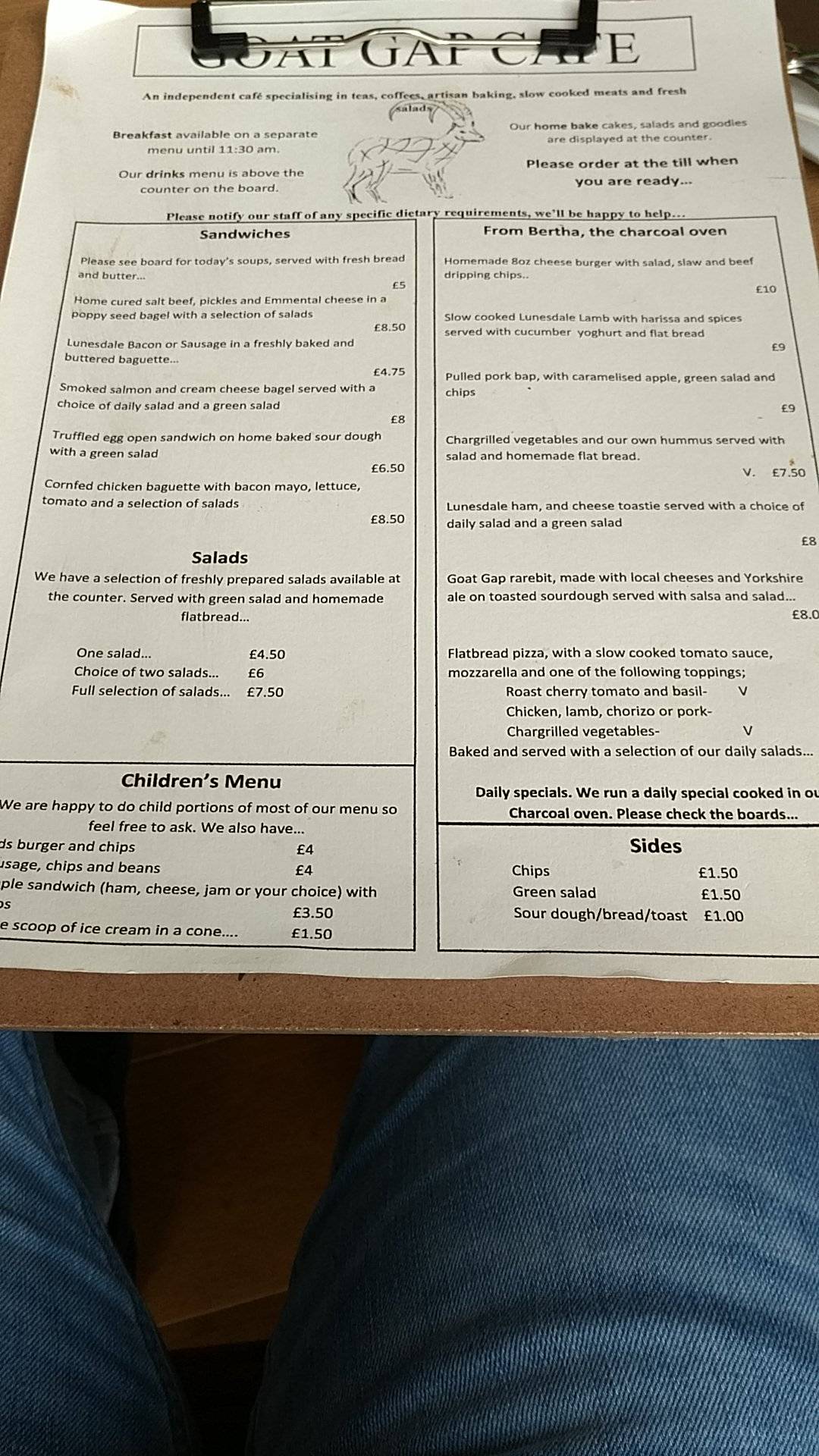 Menu at Goat Gap Cafe, Clapham cum Newby