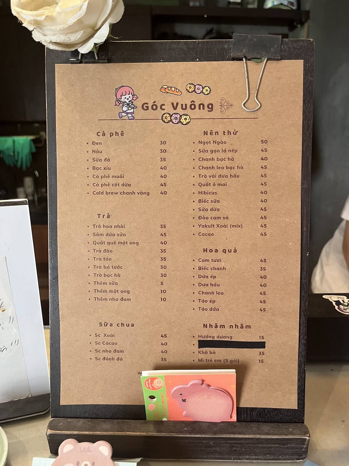 Menu at Góc Vuông cafe, Hanoi