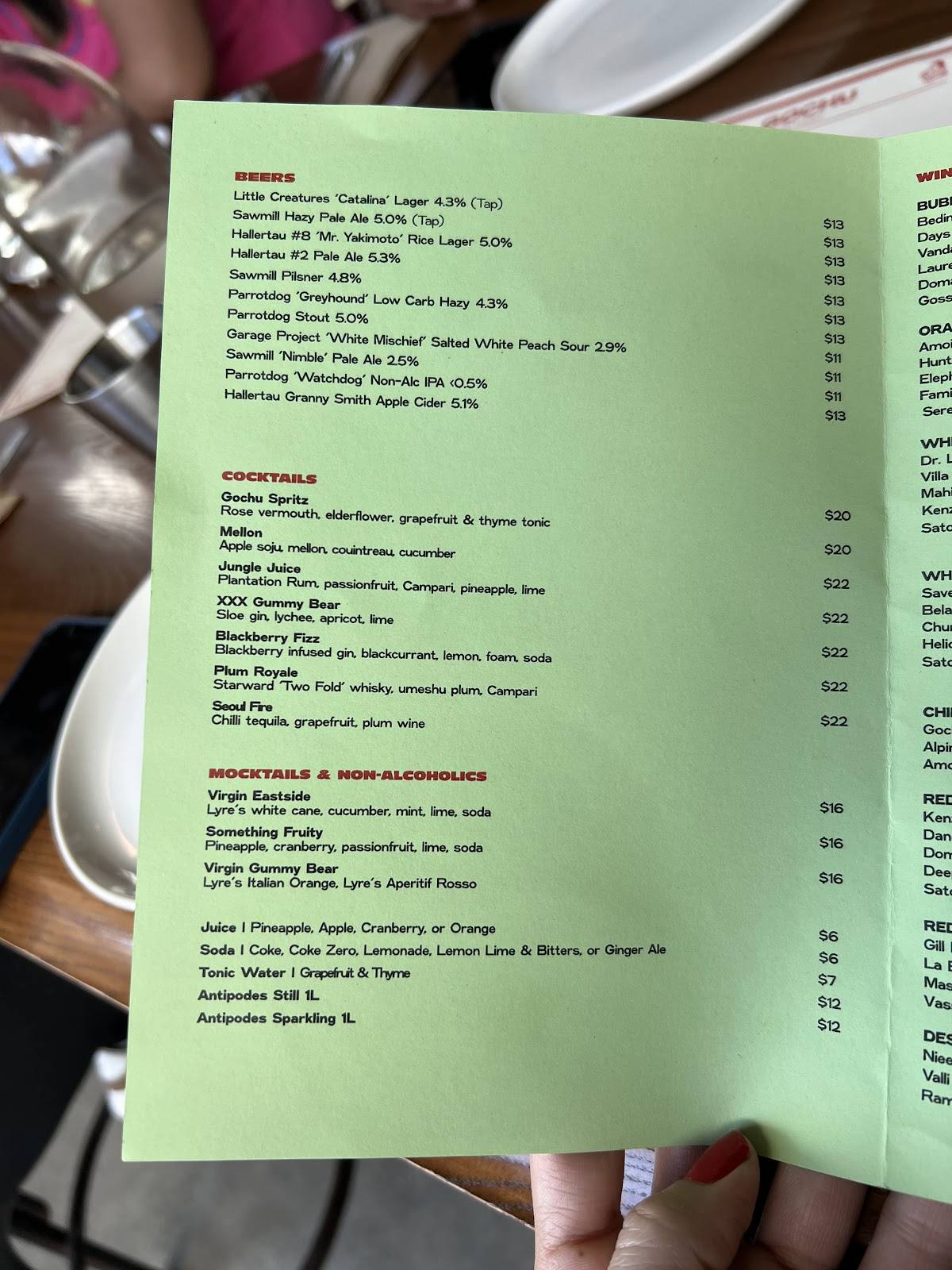 Carta del restaurante Gochu, Auckland