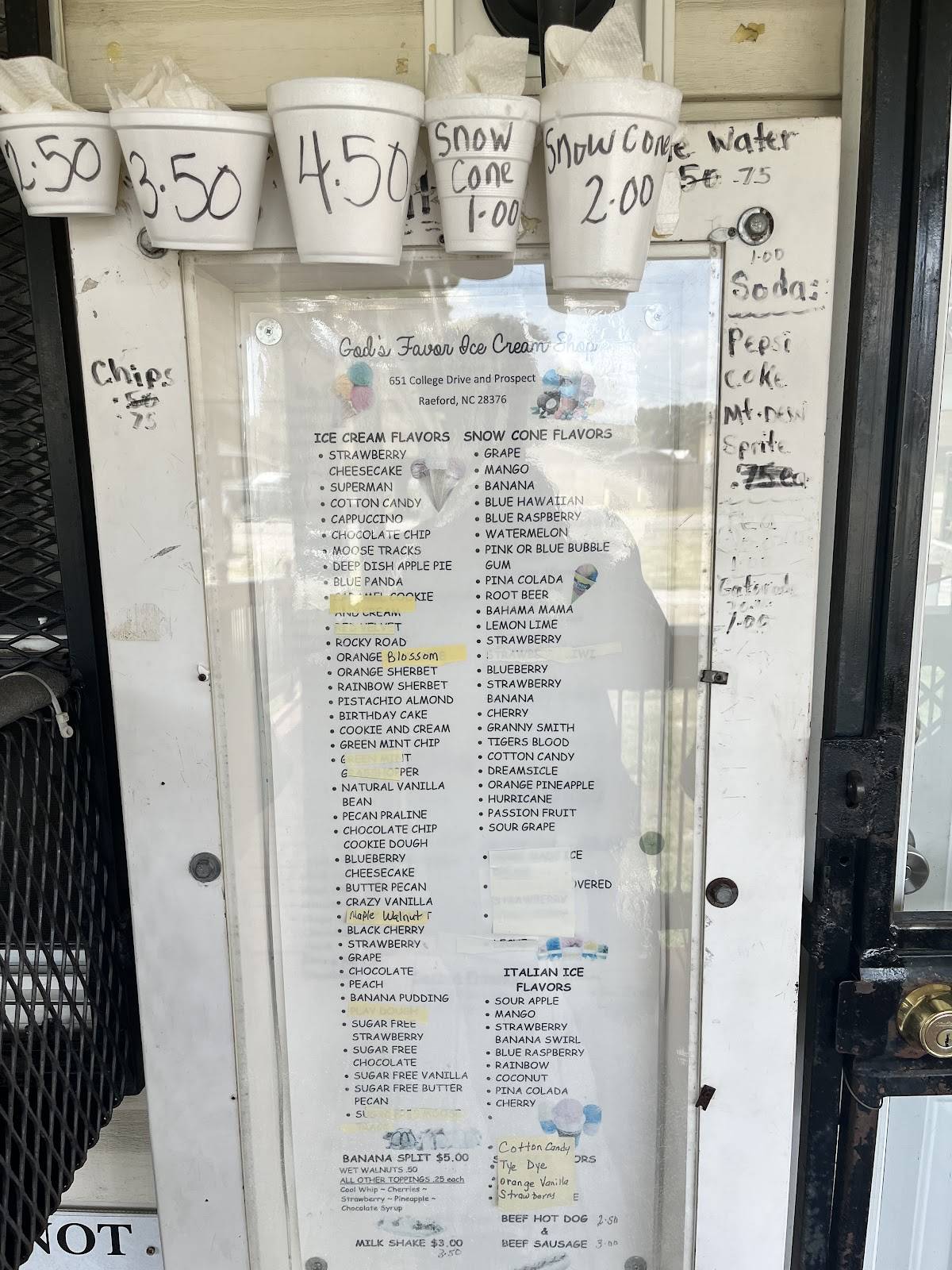 Menu at God's Favor Ice Cream Shop desserts, Raeford