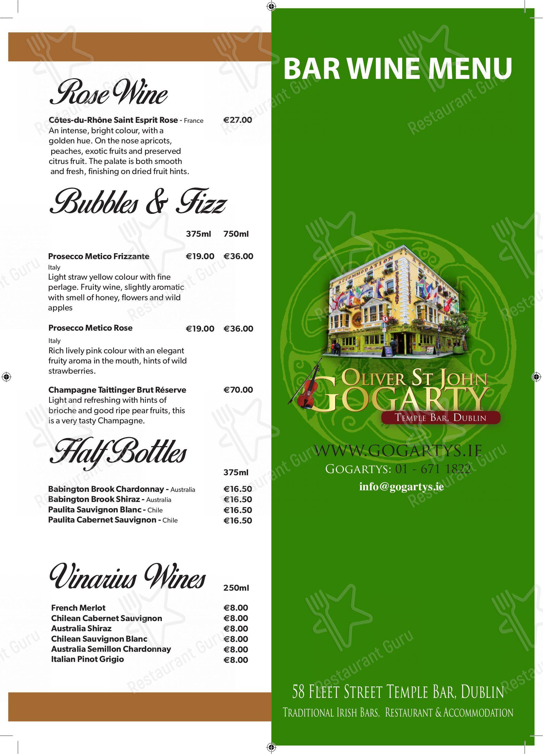 Menu at Gogarty's Temple Bar Hostel, Dublin