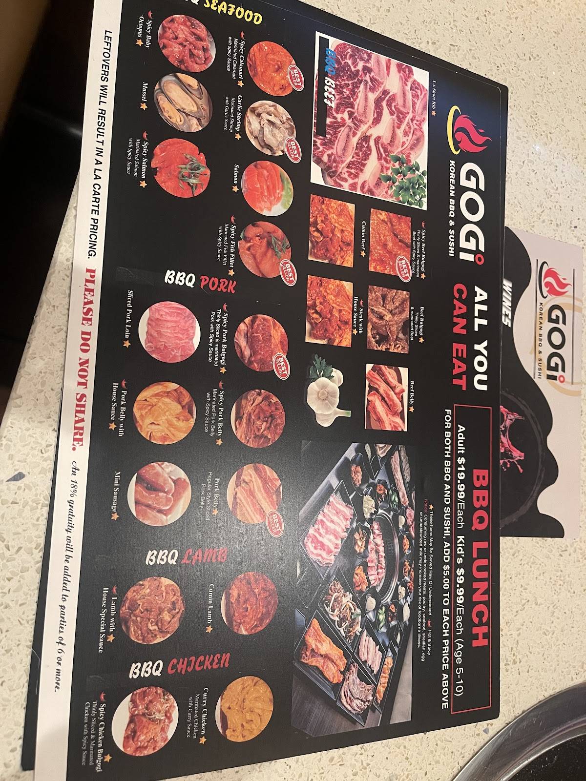 Menu at Gogi Korean BBQ & Sushi, Victoria