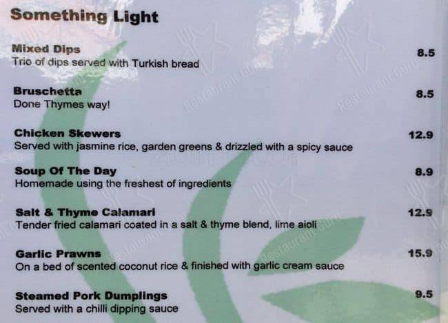 Menu at Thyme Cafe Bar, Main Beach, 20-22 Tedder Ave