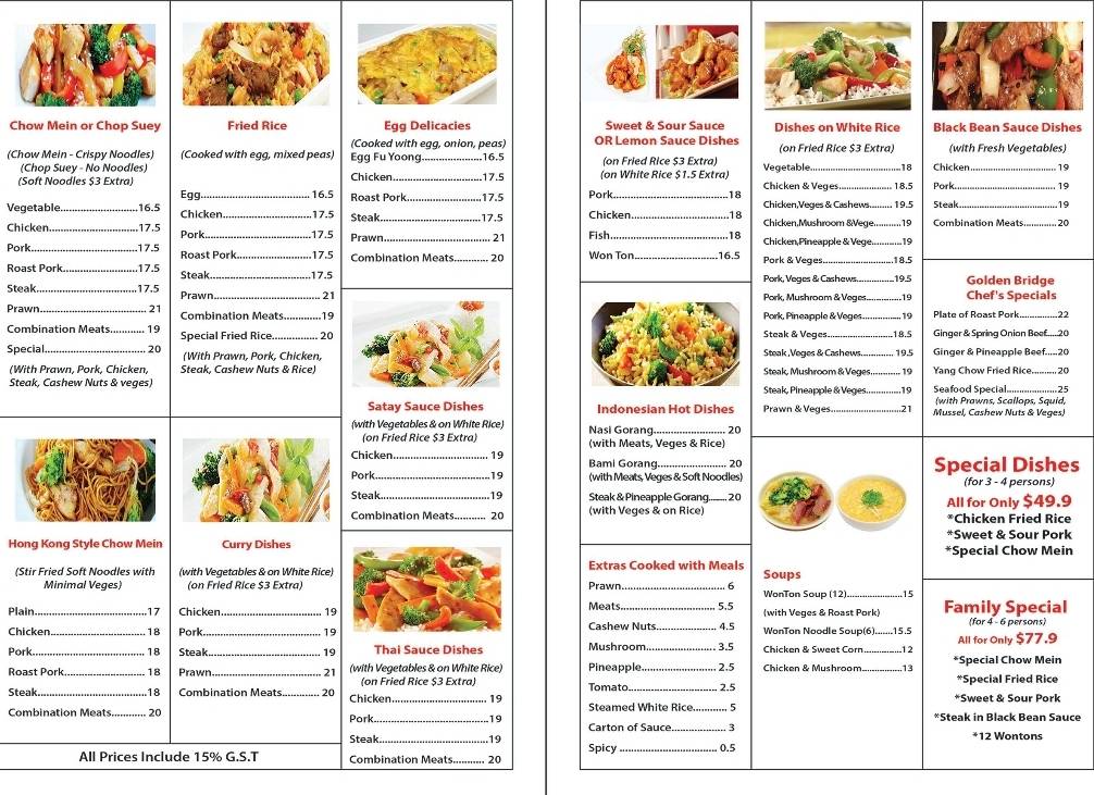 Menu at Golden Bridge Takeaways golf road fast food, Auckland, 172 Golf Rd