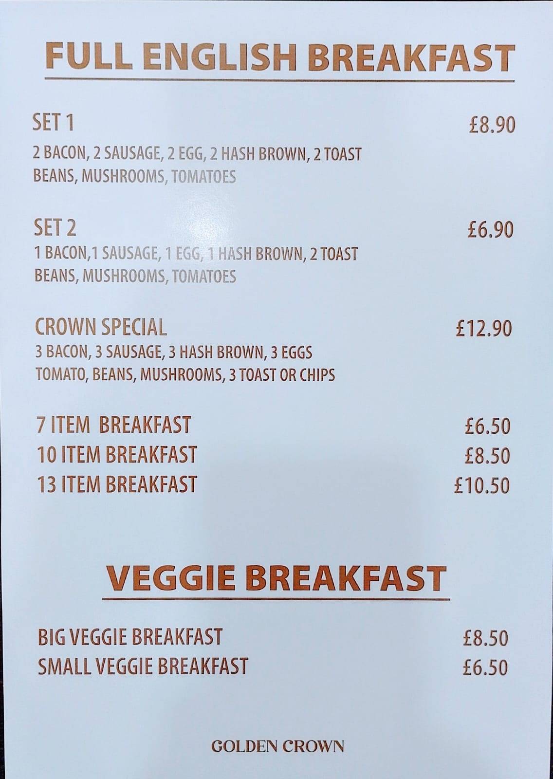 Menu at Golden Crown Café cafe, Nottingham, 581a Mansfield Rd