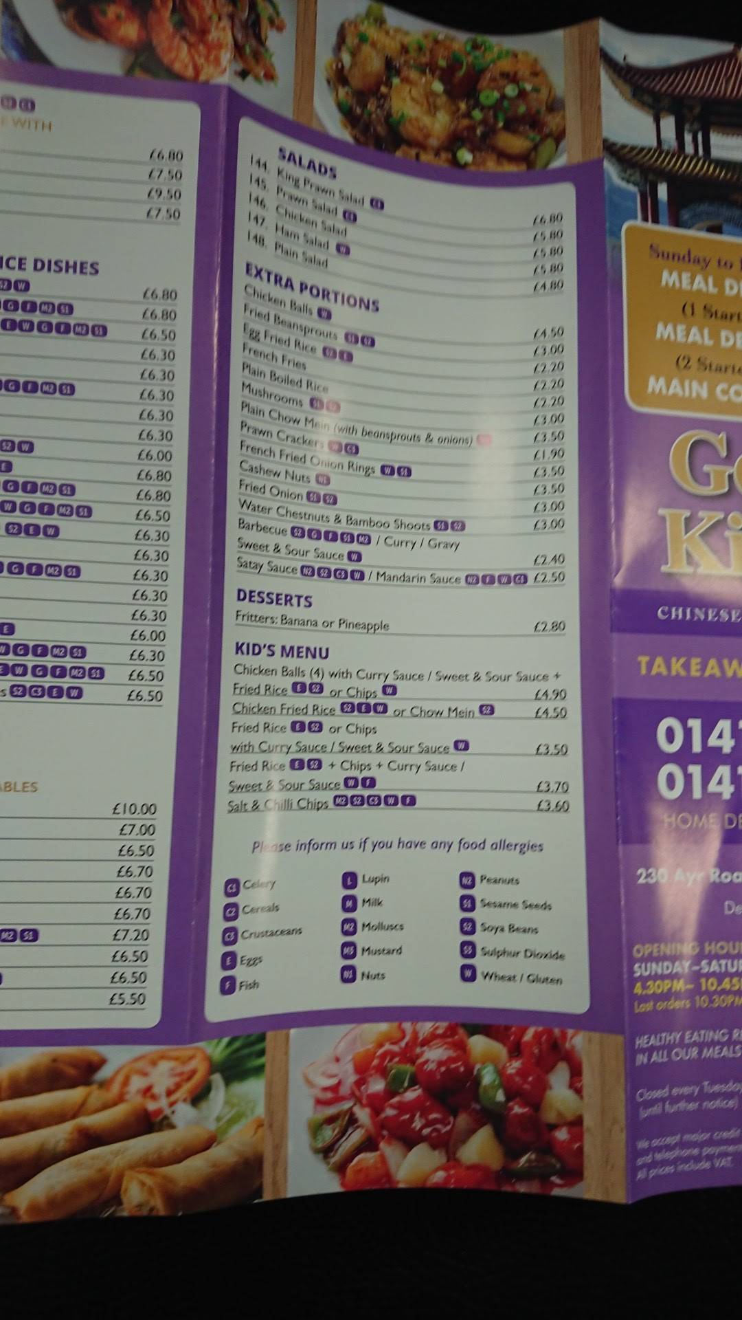 Menu at Golden Kitchen fast food, Glasgow, 230 Ayr Rd
