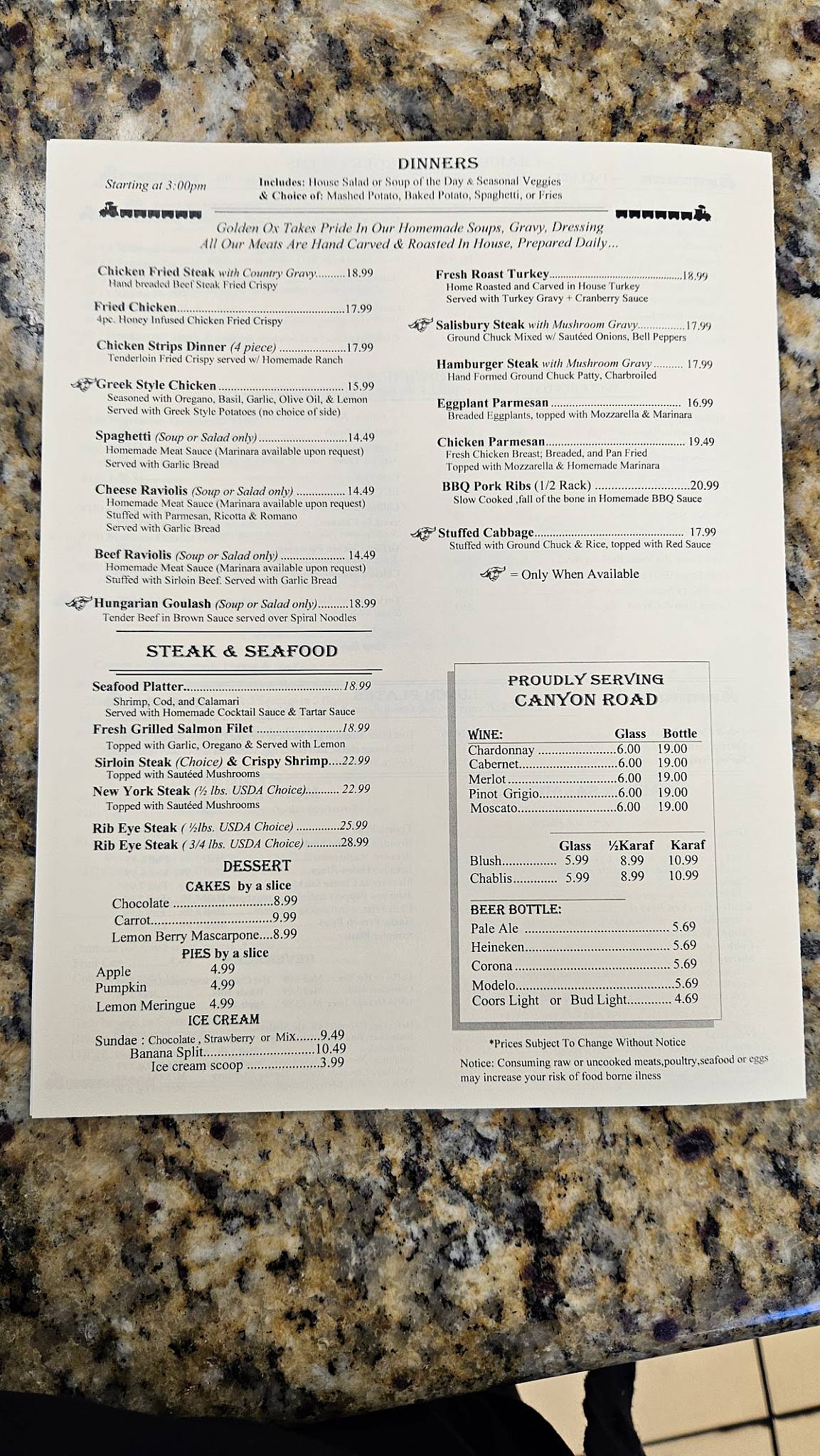 Menu at Golden Ox Diner restaurant, Lodi