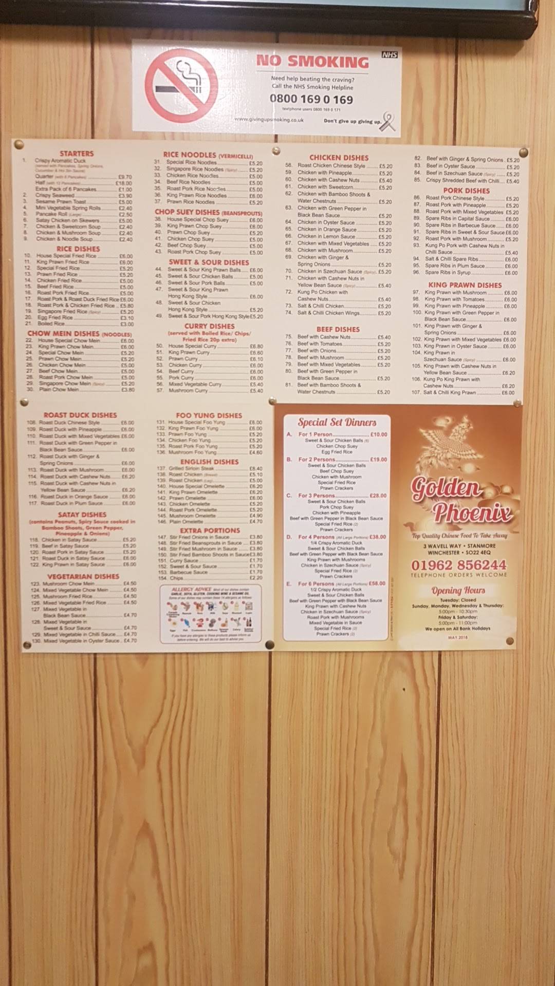 Menu at Golden Phoenix fast food, Winchester, 3 Wavell Way