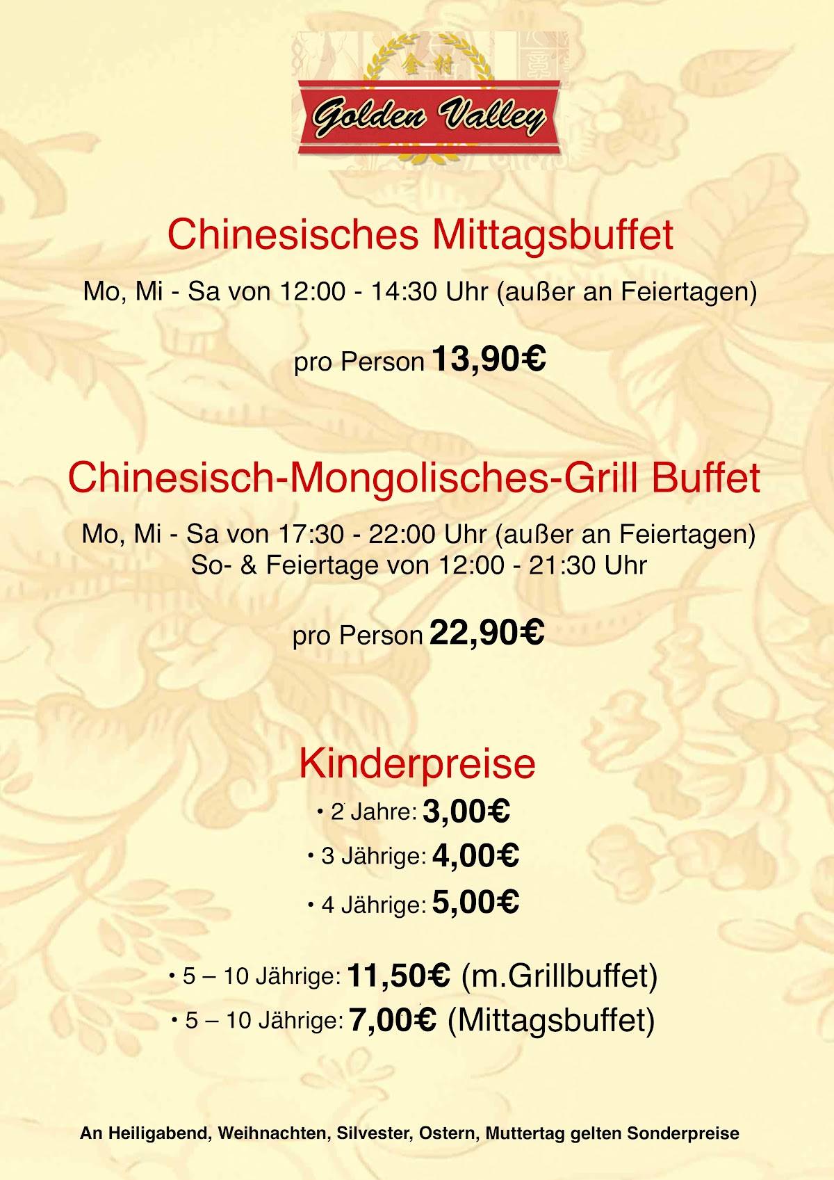 Speisekarte von Golden Valley (ehem. Mengu-Buffet) restaurant, Münster