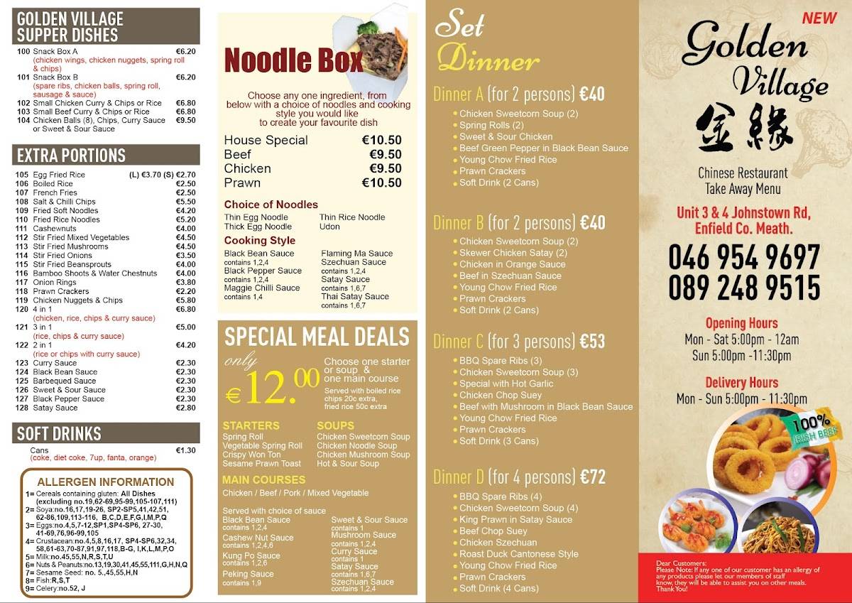 Menu at Golden Village restaurant, Ireland, Unit 3 & 4
