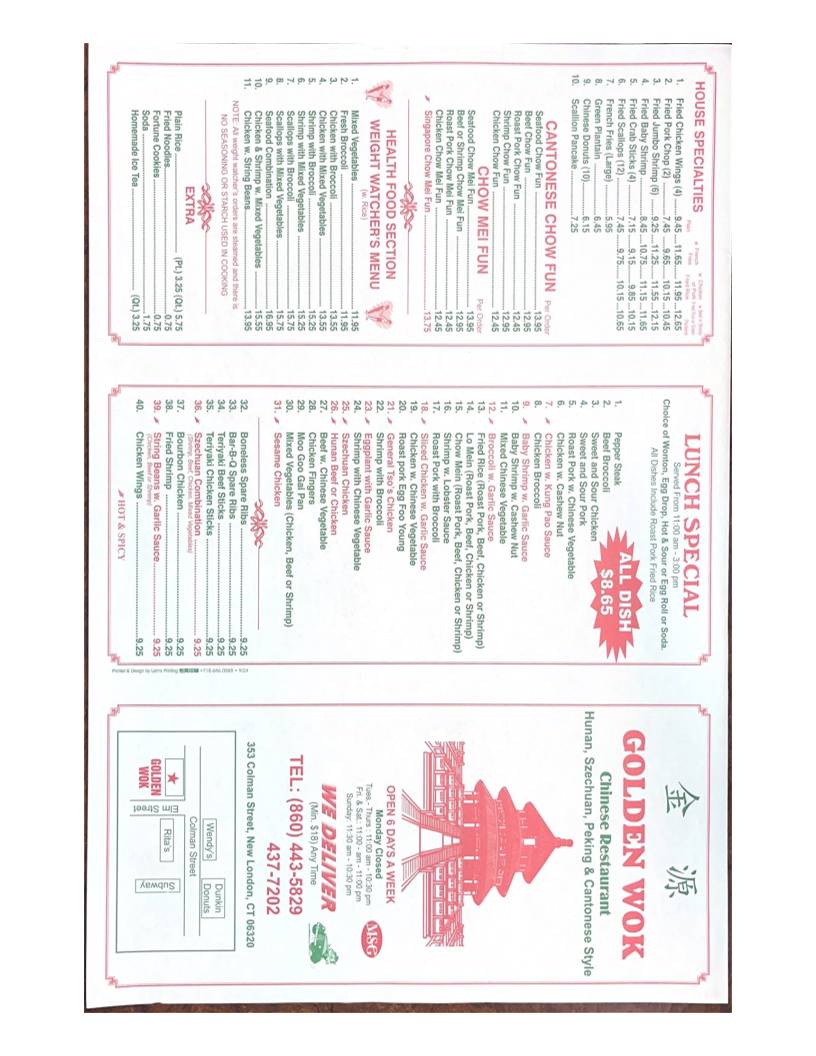 Menu at Golden Wok restaurant, New London, 353 Colman St