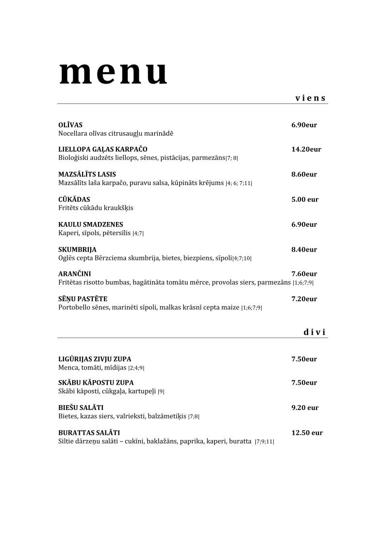 Menu at Goldingen Room restaurant, Kuldīga
