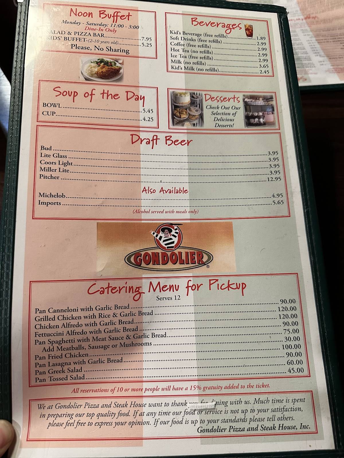 Menu at Gondolier Pizza & Steak House steakhouse, Athens