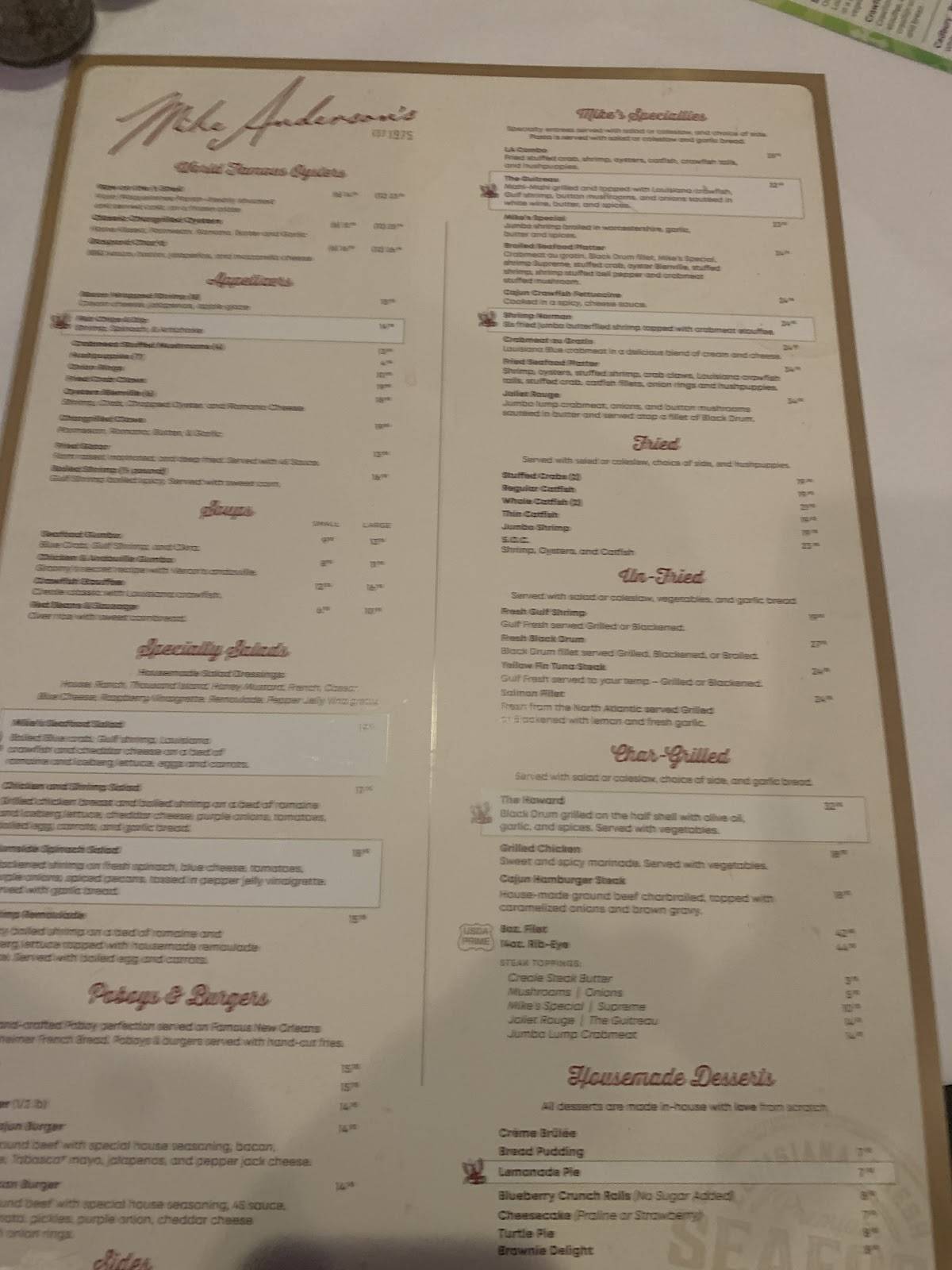 Menu at Mike Anderson's - Gonzales restaurant, Gonzales