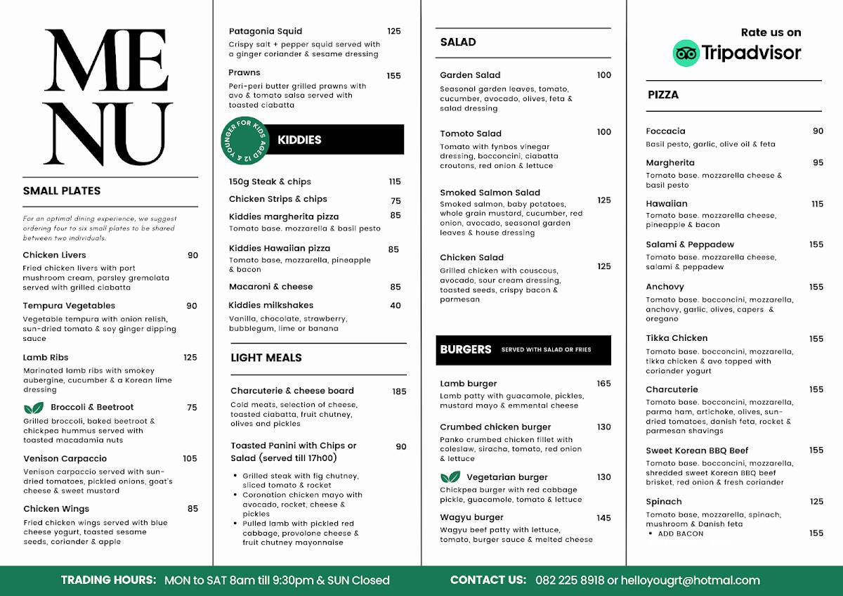 Menu at Hello You Restaurant, Graaff-Reinet