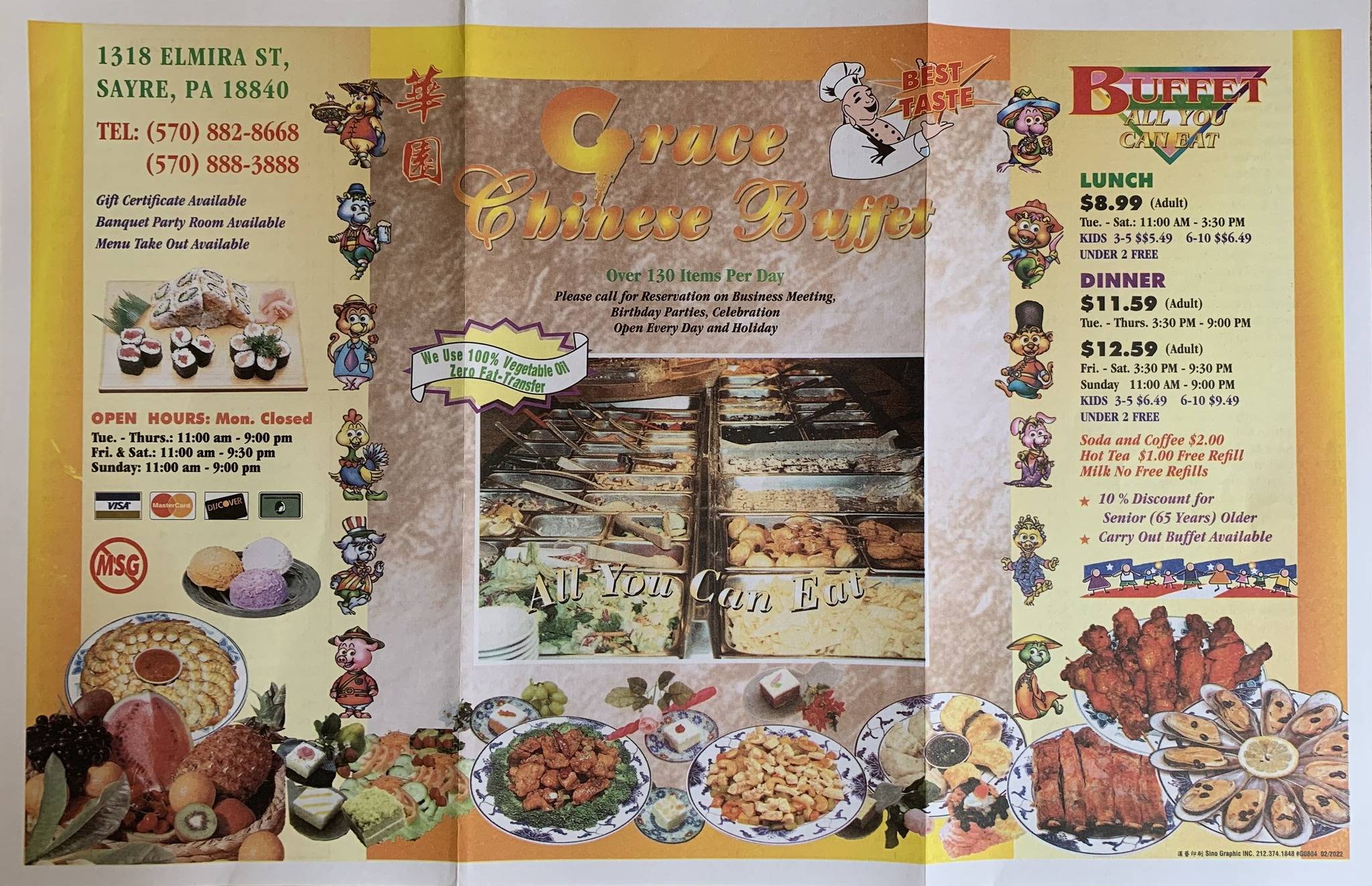 Menu at Grace Chinese Buffet restaurant, Sayre