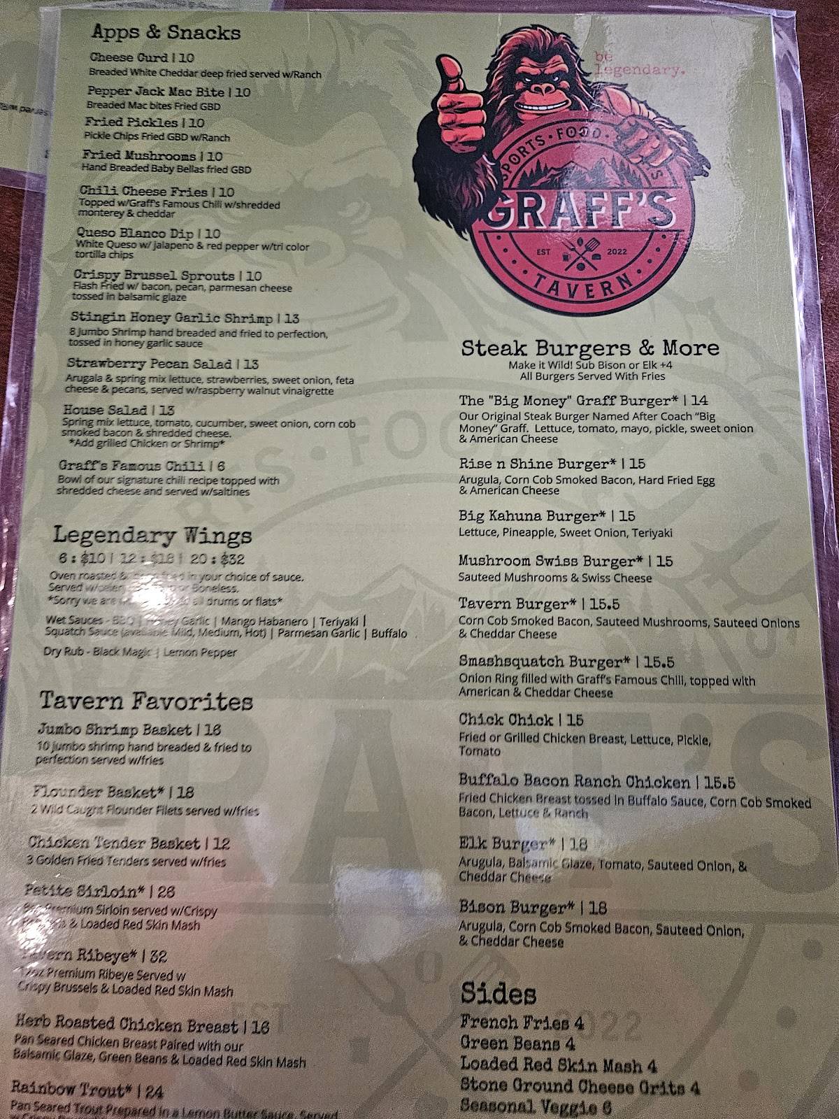 Menu at Graff's Tavern pub & bar, Franklin