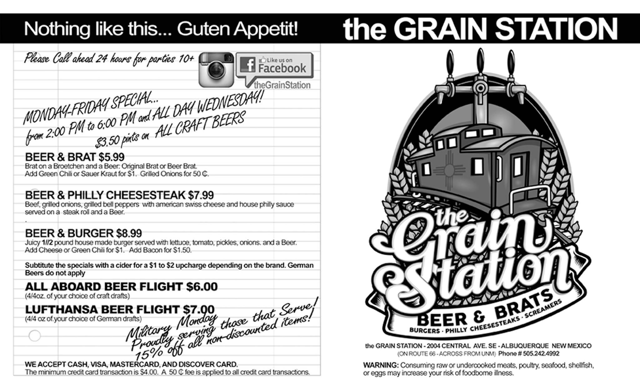 Menu at Grain Station pub & bar, Albuquerque