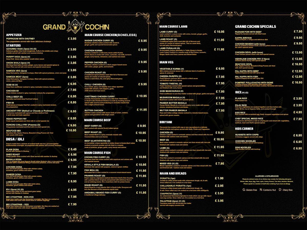 Menu at Grand Cochin restaurant, Chelmsford
