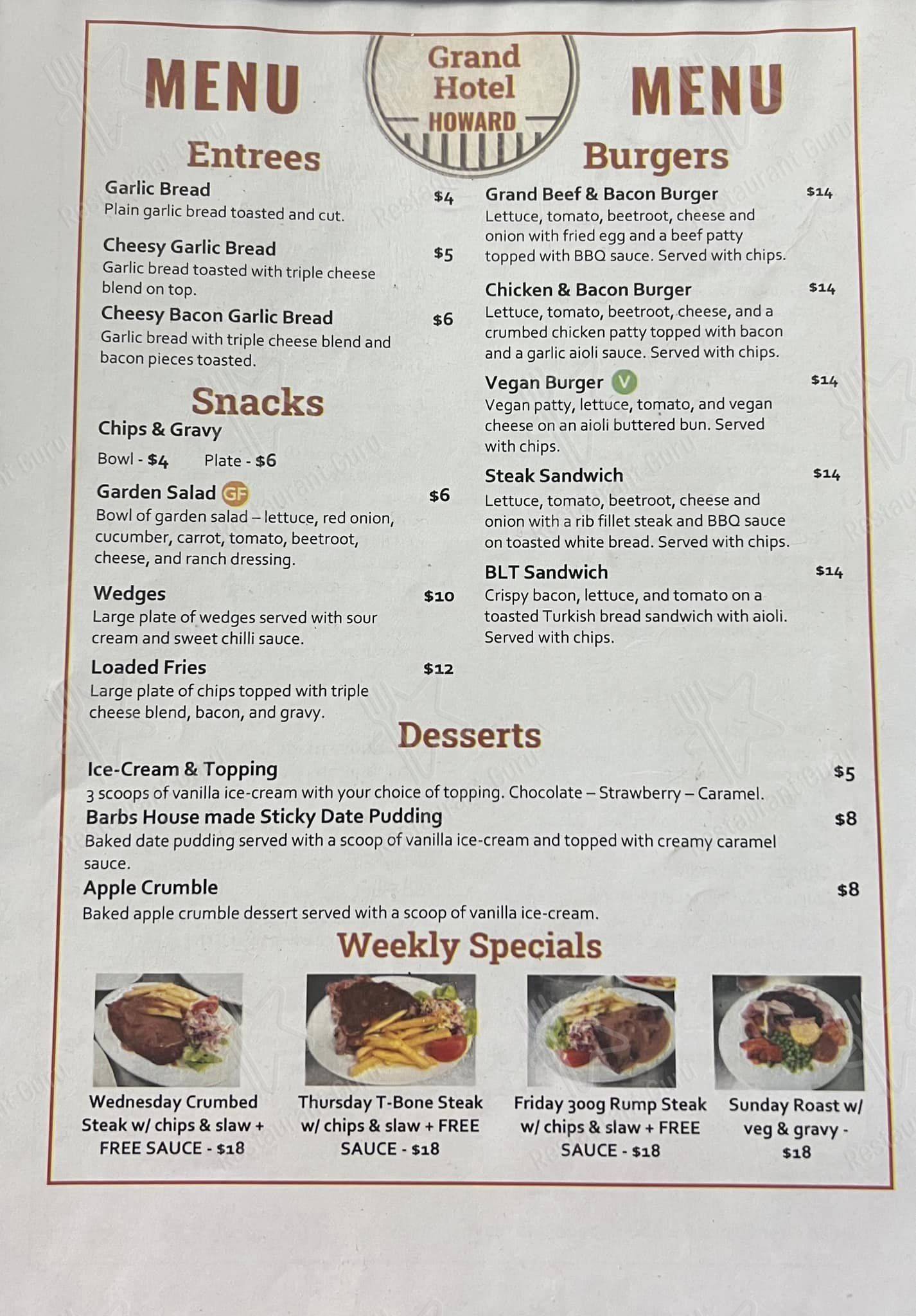 Menu at Grand Hotel Howard pub & bar, Howard