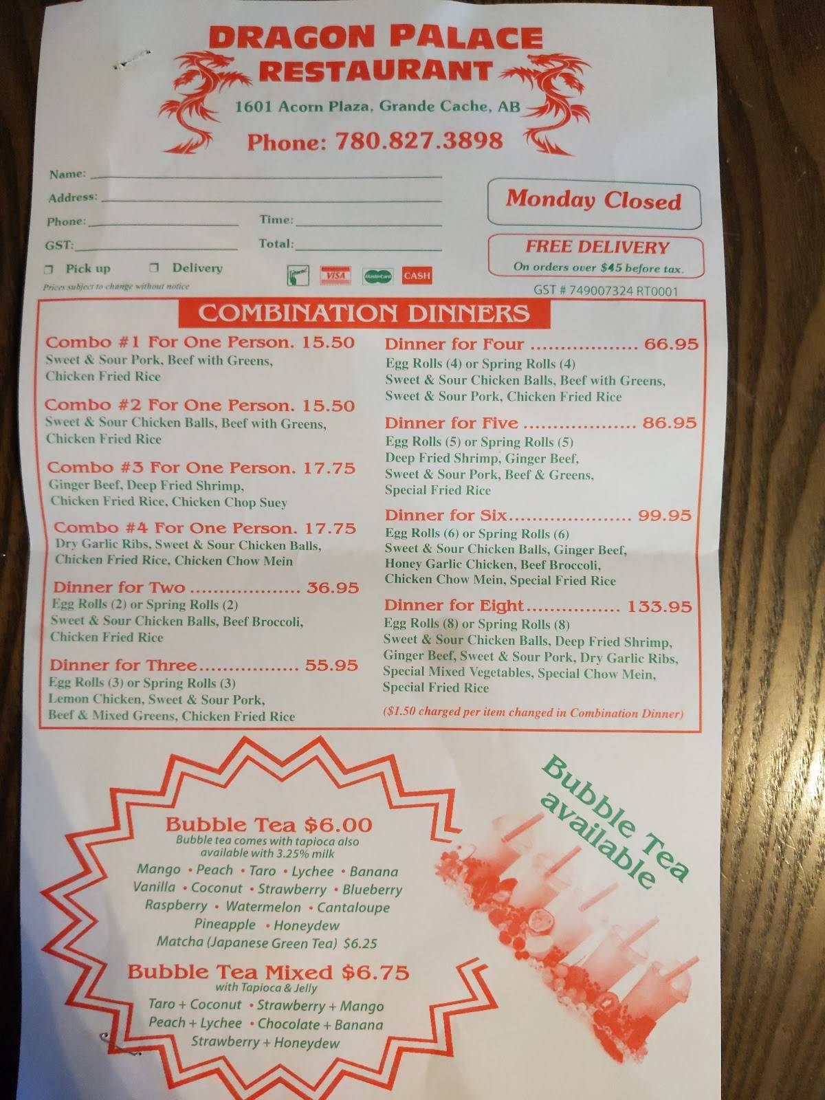 Carta del restaurante Grande Cache Dragon Palace, Grande Cache