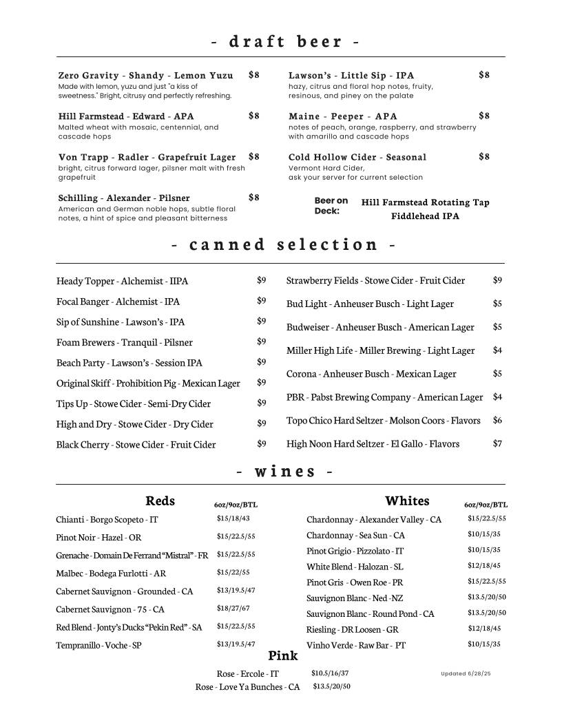 Menu at Grant's restaurant, Stowe