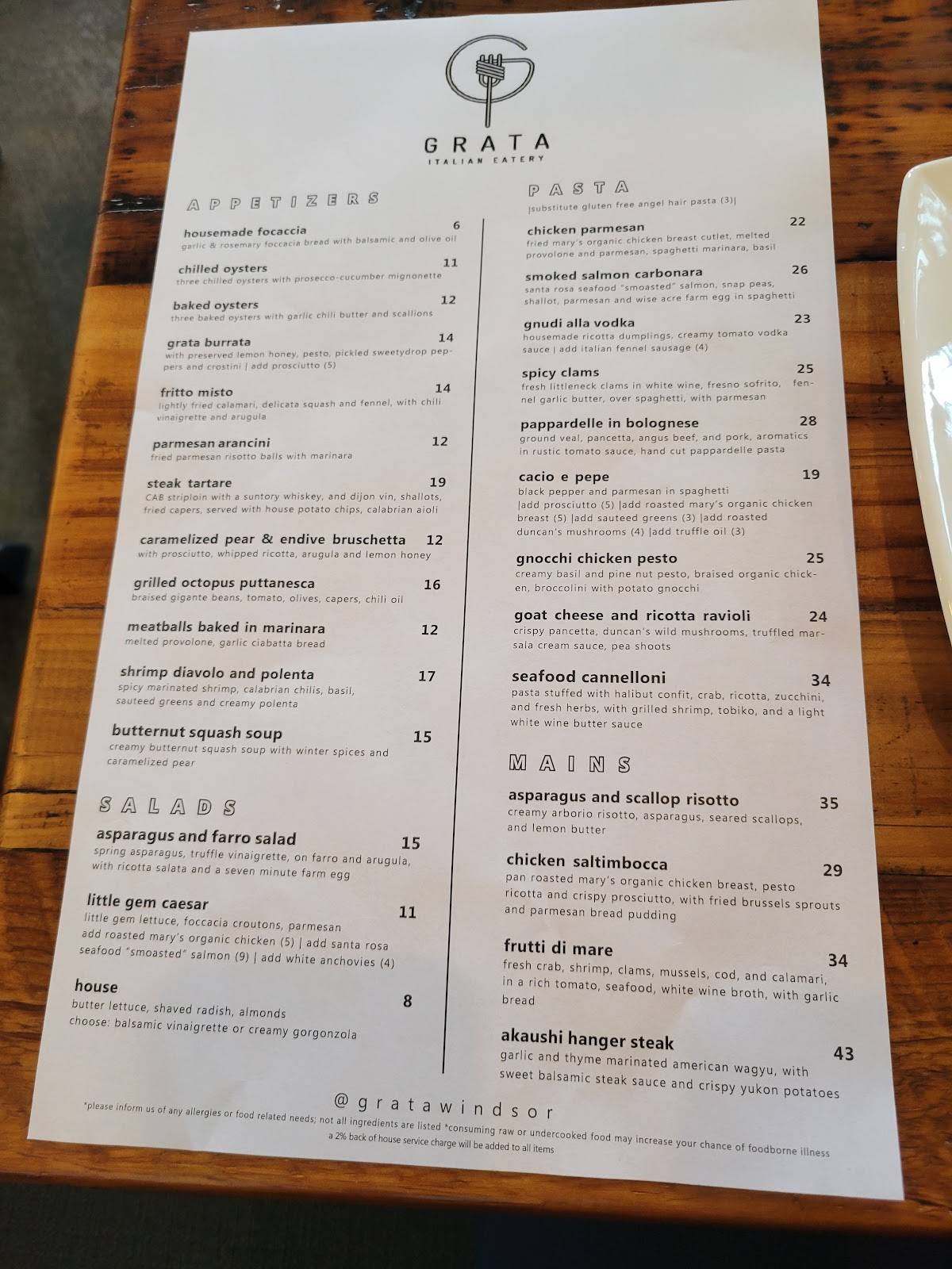 Menu at Grata Italian Eatery restaurant, Windsor
