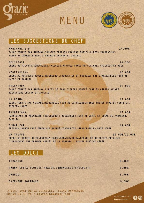 Menu au Grazie la pizzeria, Dunkerque